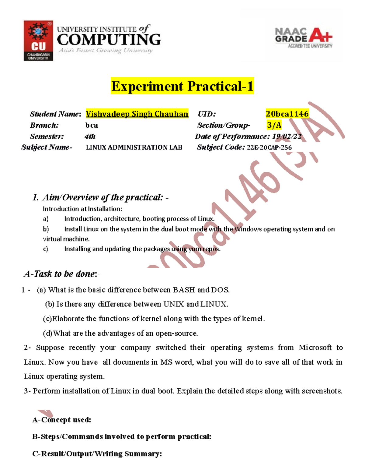 Linux EX - 1 20BCA1156 - Experiment Practical- Student Name ...