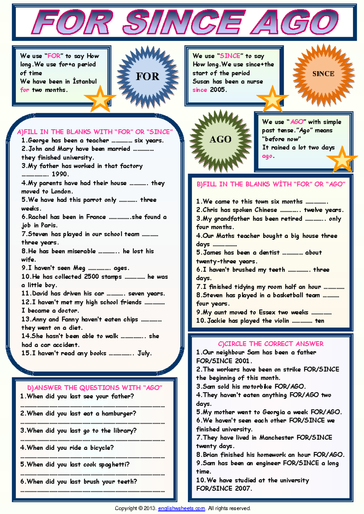 For since ago grammar explanation and exercises worksheet - We use “FOR ...