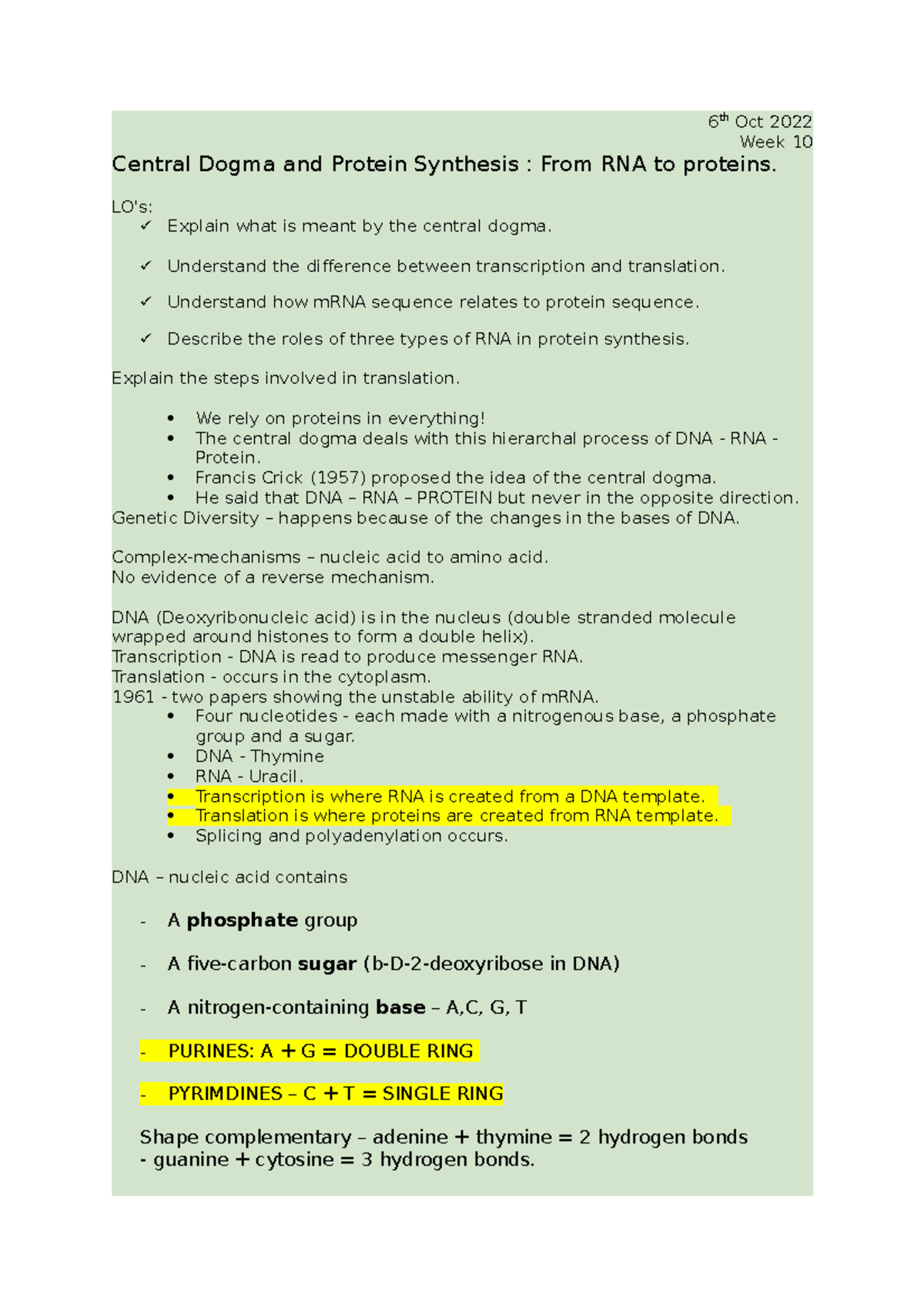 Central Dogma - Week 10 - Notes - 6 th Oct 2022 Week 10 Central Dogma ...