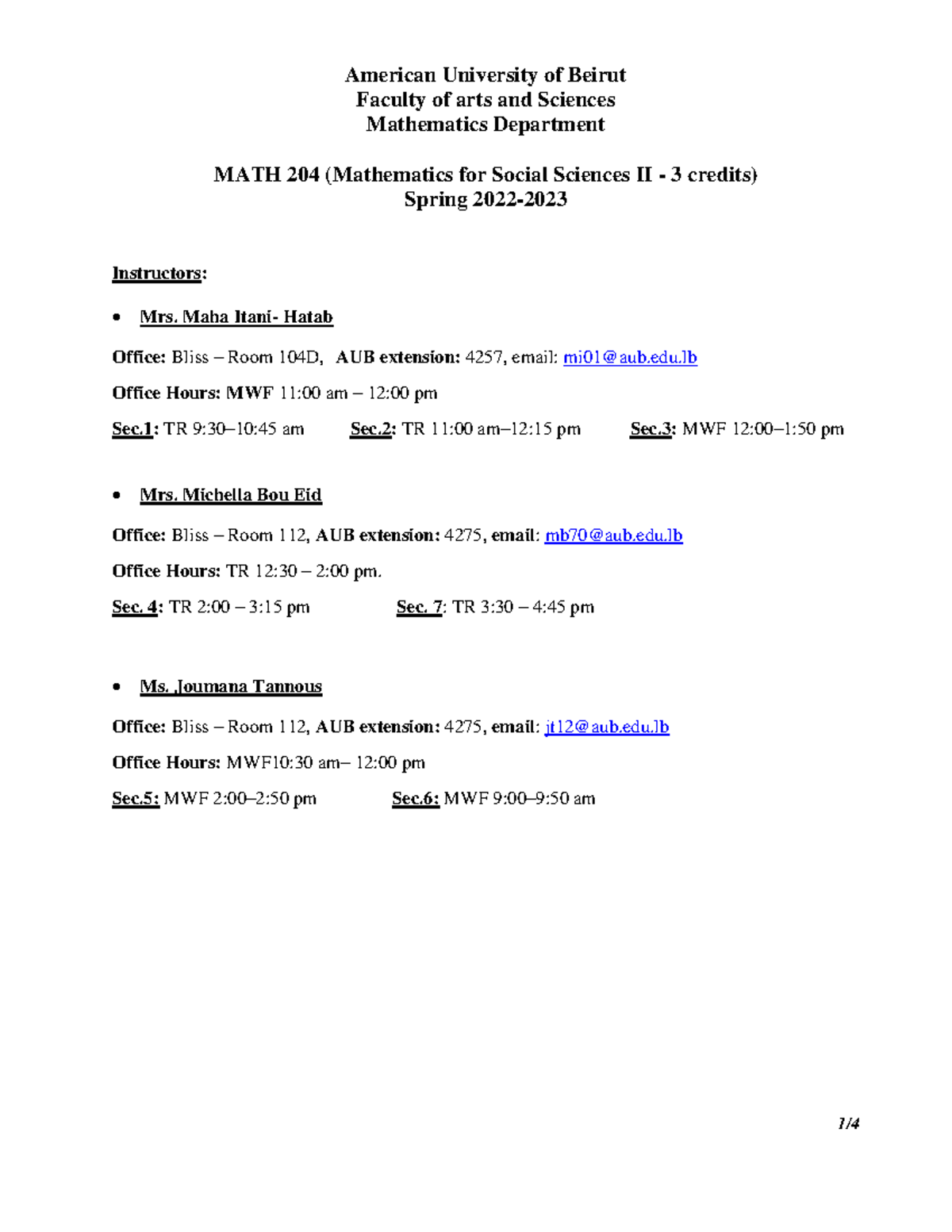 Syllabus Math 204 Spring 2022-2023 - American University of Beirut Faculty of arts and Sciences ...