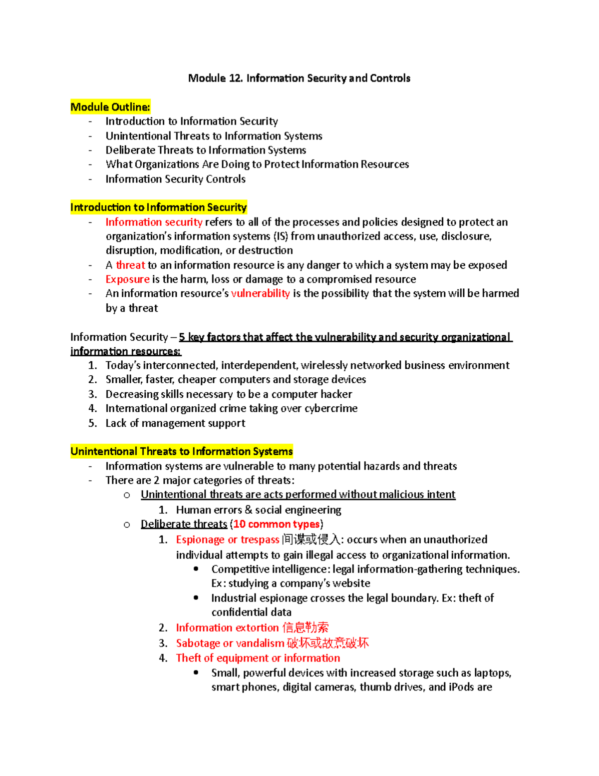Module 12 - Module 12. Information Security and Controls Module Outline ...