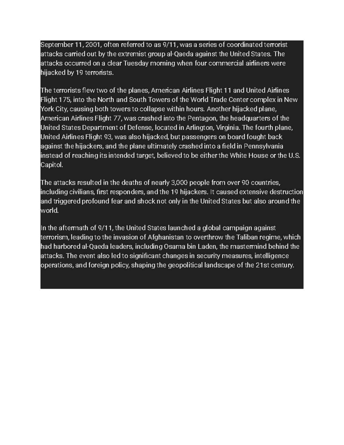 Semptember, 11 2001 attacks - September 11, 2001, often referred to as ...