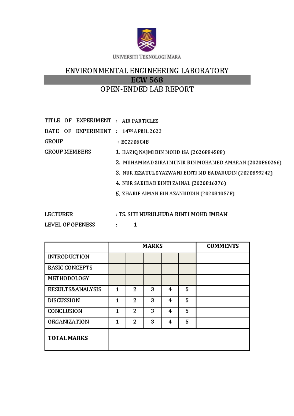 Group 1 EC220 6C4B - LAB REPORT - ENVIRONMENTAL ENGINEERING LABORATORY ...