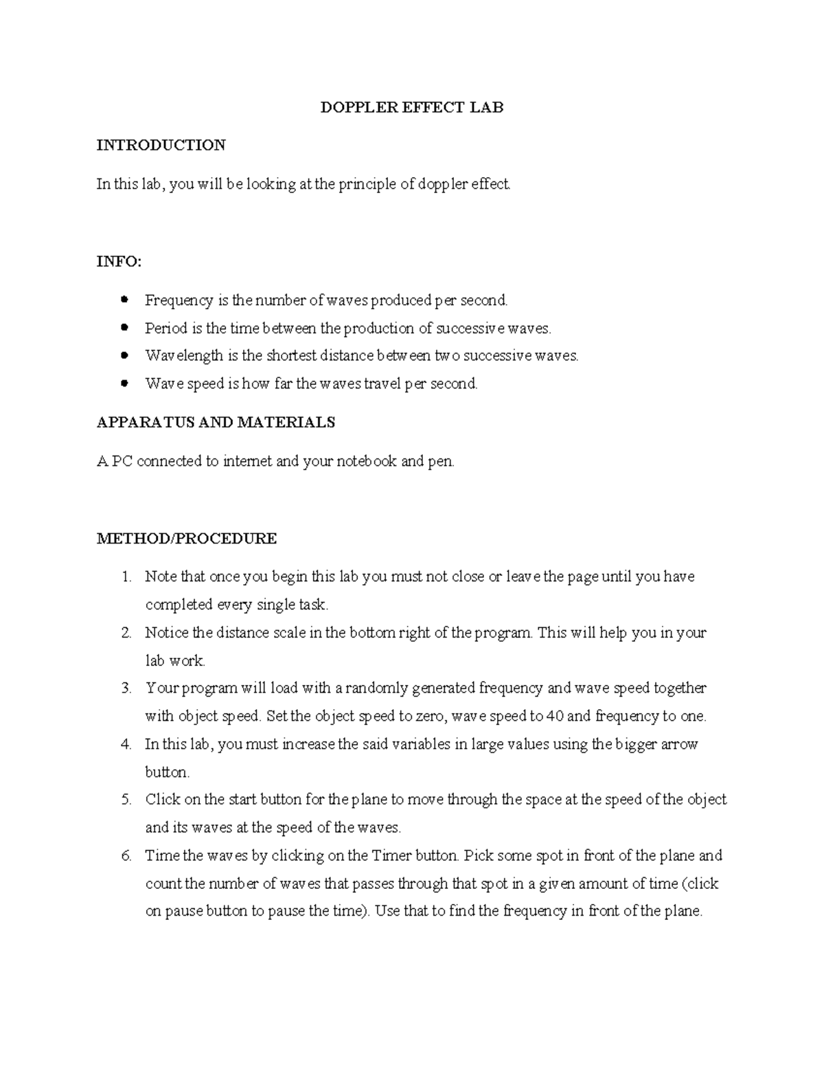 Doppler Effect LAB - Learning material - DOPPLER EFFECT LAB ...