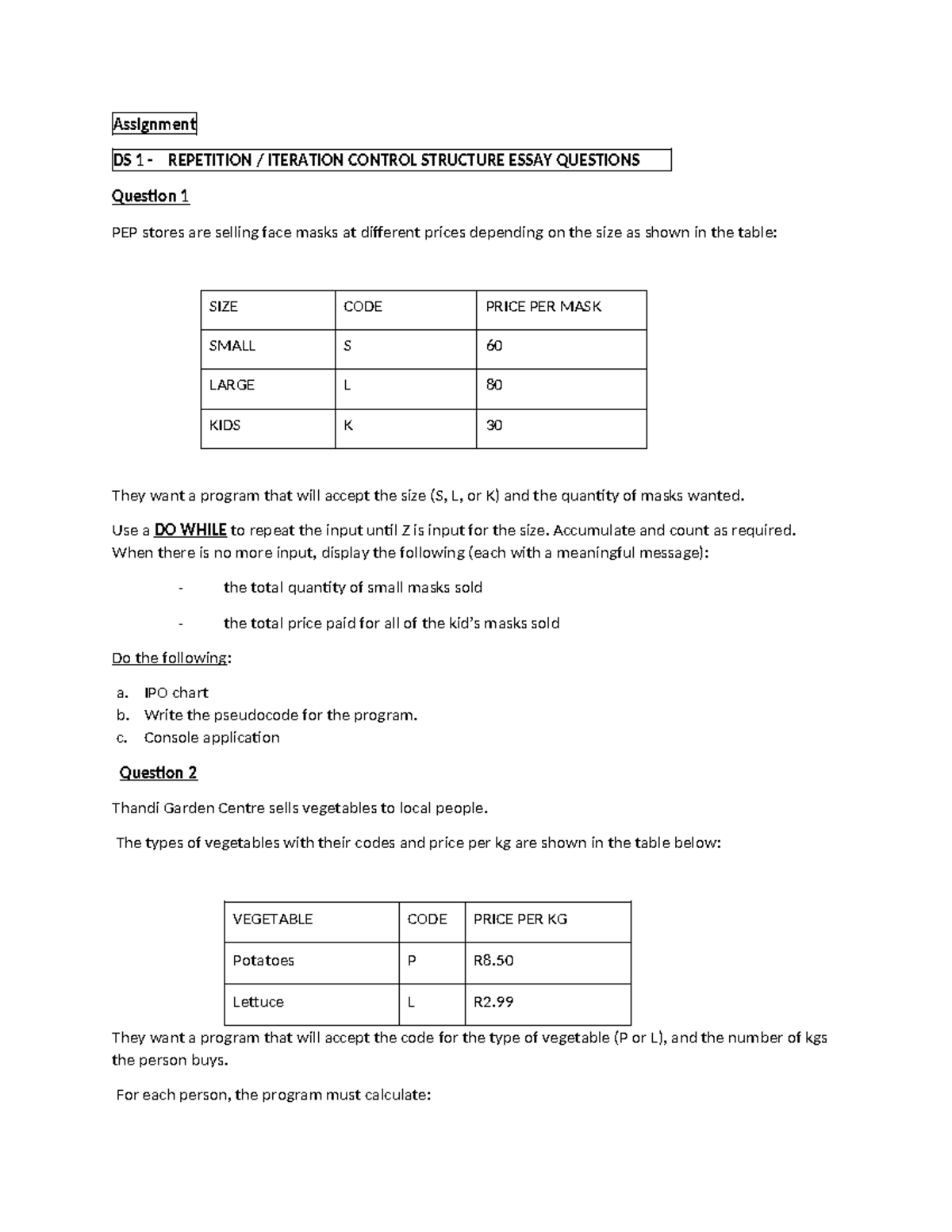 DS 1 essay loops - practice - Assignment DS 1 - REPETITION / ITERATION CONTROL STRUCTURE ESSAY ...