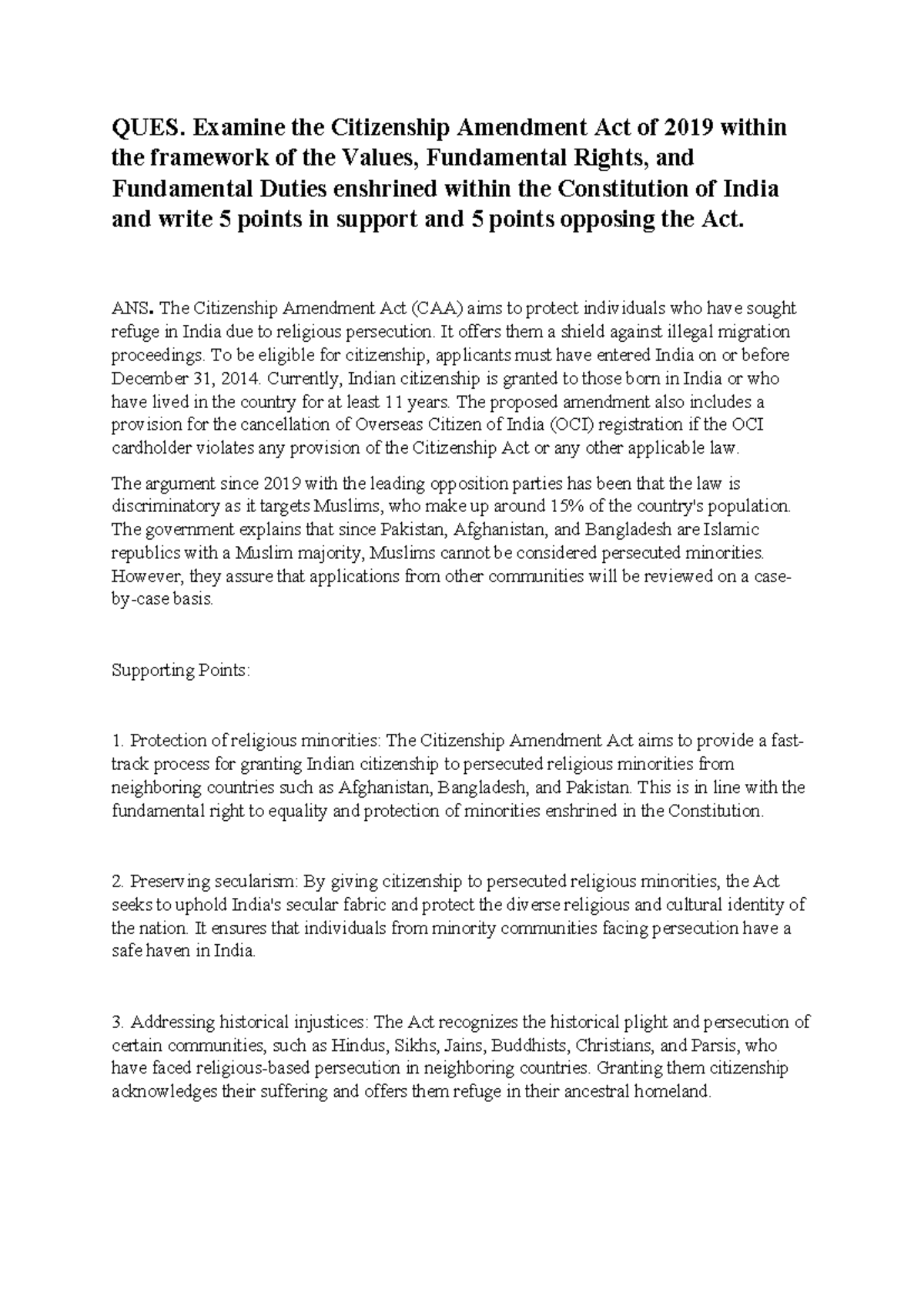 CAA - Summary Political Science - QUES. Examine the Citizenship ...