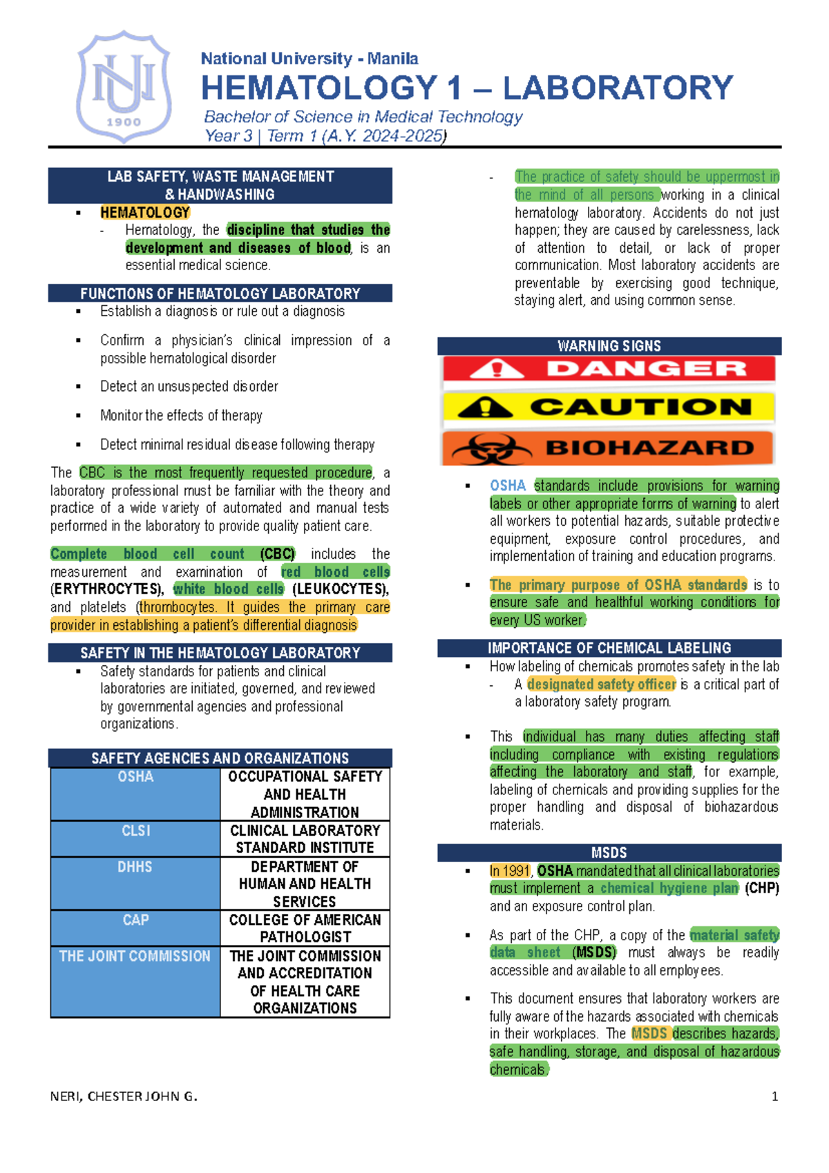 Lesson 1 Hema Lab - dadasd - HEMATOLOGY 1 – LABORATORY Bachelor of ...