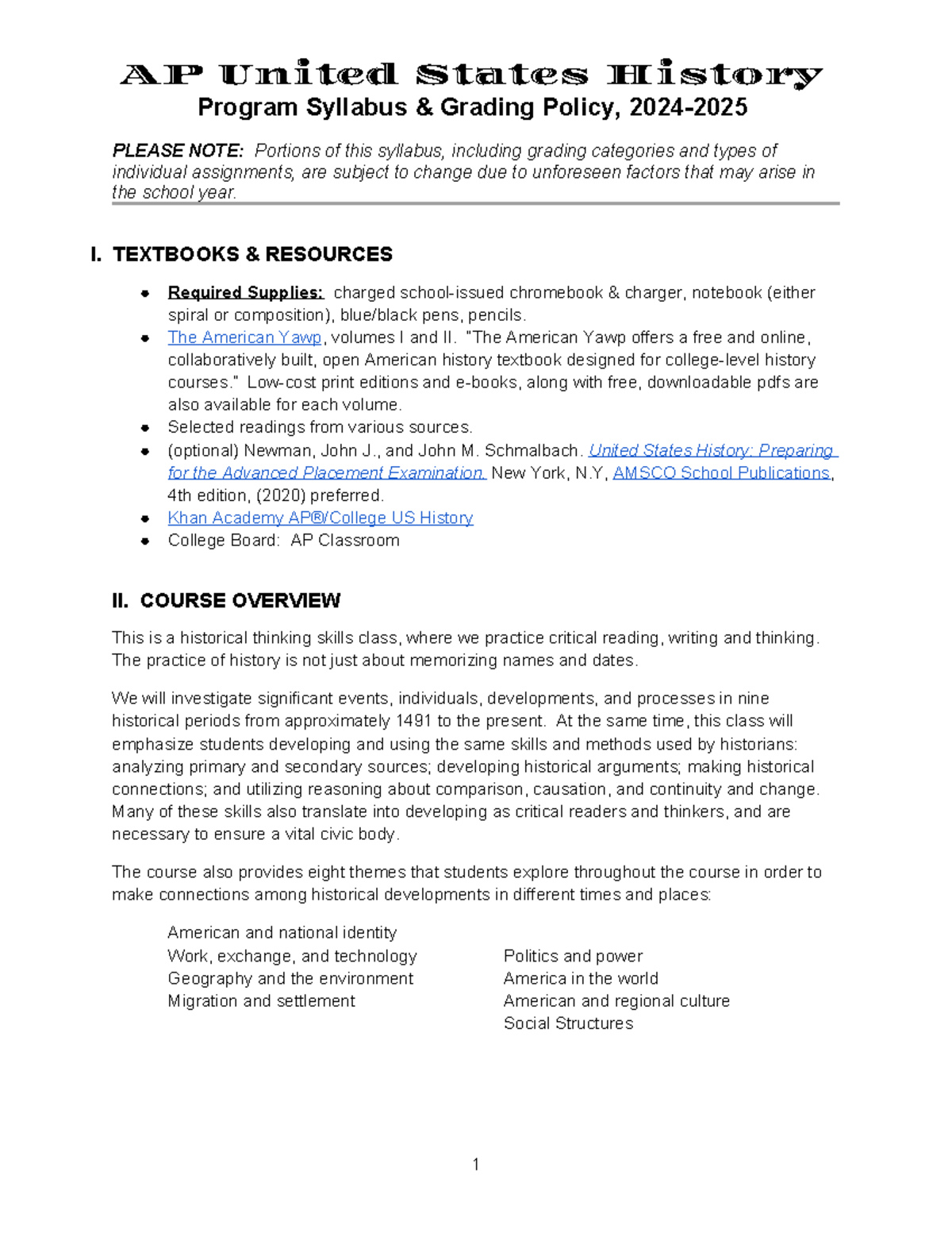 AP United States History Program Syllabus & Grading Policy - I ...
