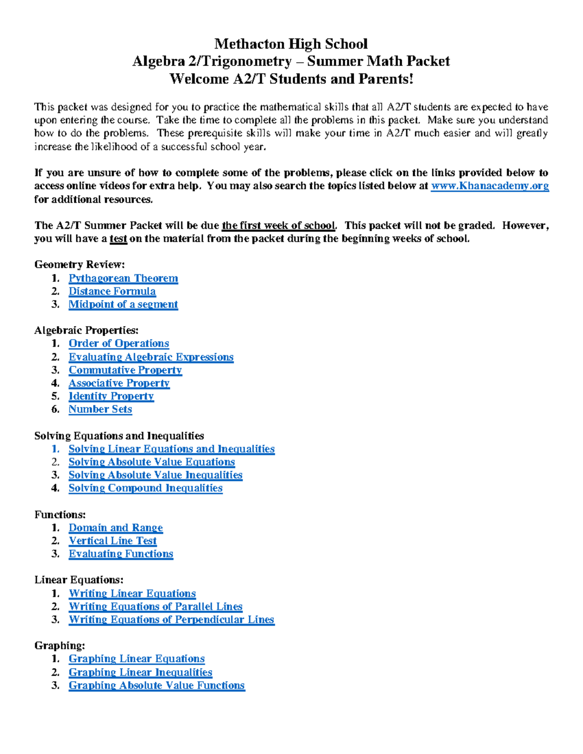 Algebra 2T Summer Work - Methacton High School Algebra 2/Trigonometry ...