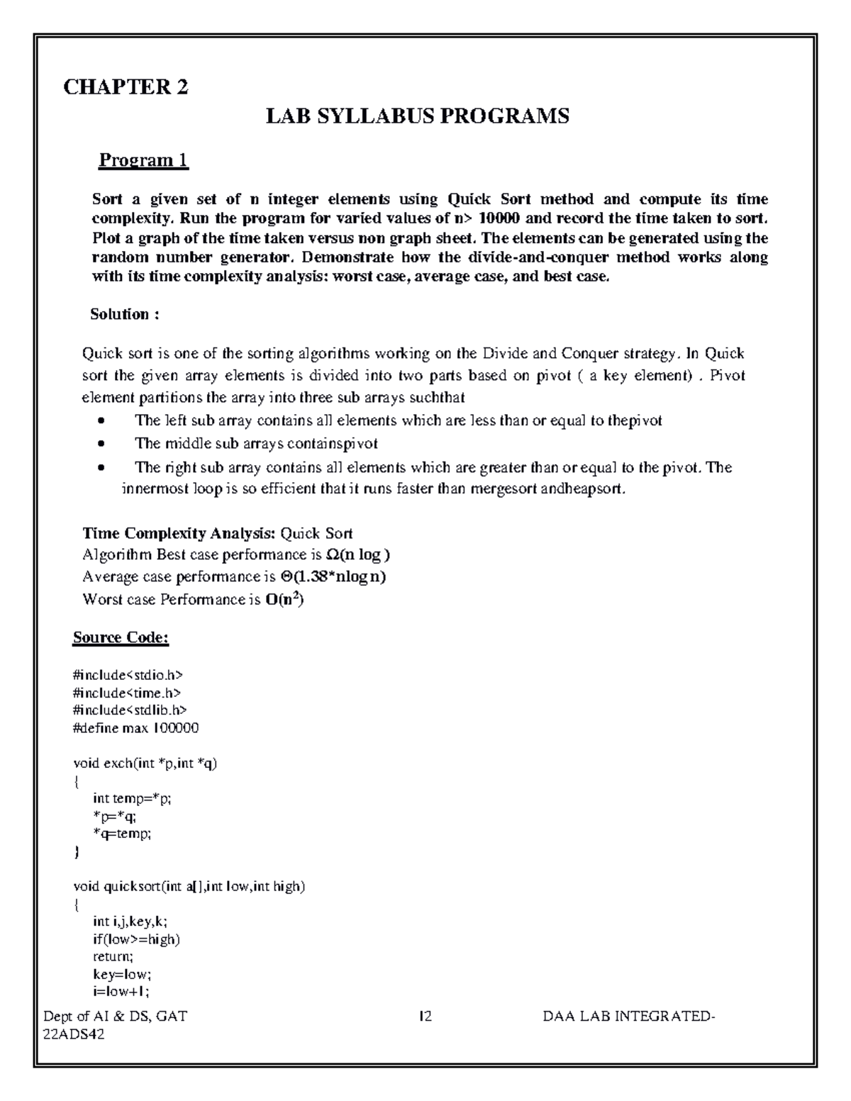 DAA Lab program - Dept of AI & DS, GAT 12 DAA LAB INTEGRATED- 22 ADS 42 CHAPTER 2 LAB SYLLABUS ...