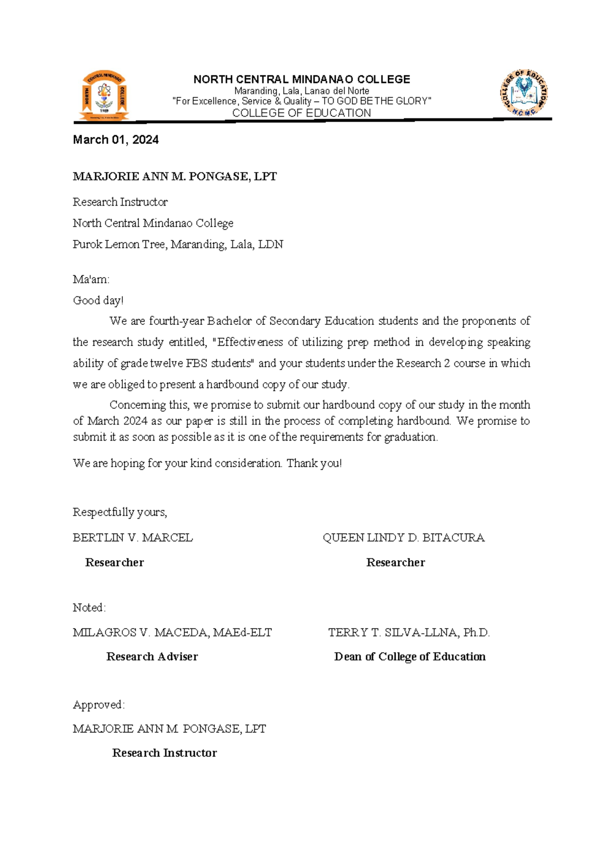 Research Letter - dddddddddddddddd - NORTH CENTRAL MINDANAO COLLEGE ...