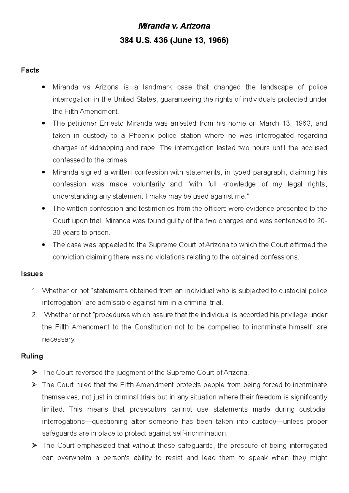 Miranda vs Arizona 384 U.S. 436 - Miranda v. Arizona 384 U. 436 (June ...