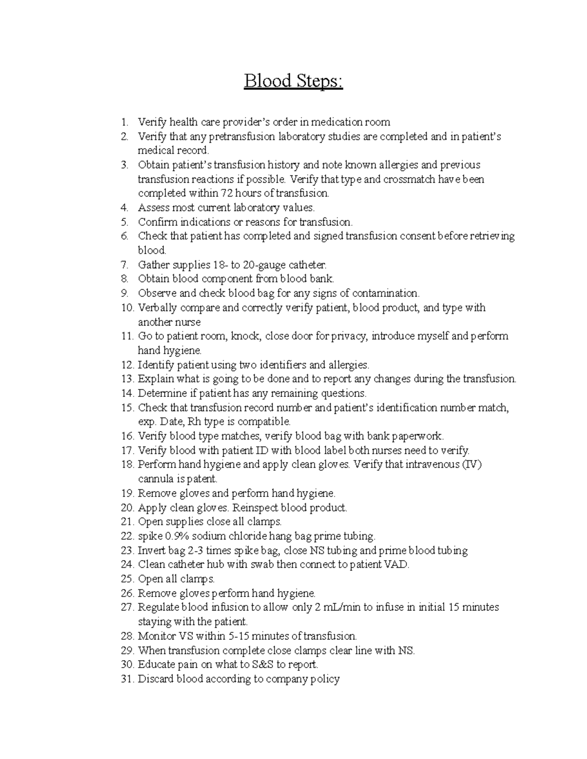 Blood steps - Blood Steps: 1. Verify health care provider’s order in ...