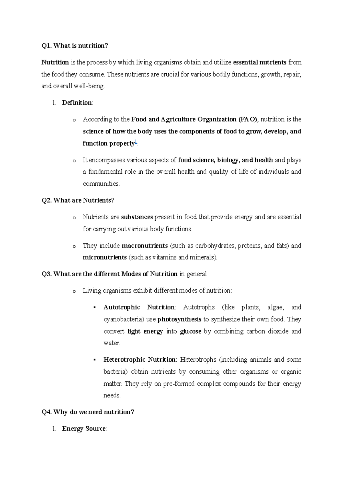 Nutrition and dietetics unit 01 - Q1. What is nutrition? Nutrition is ...