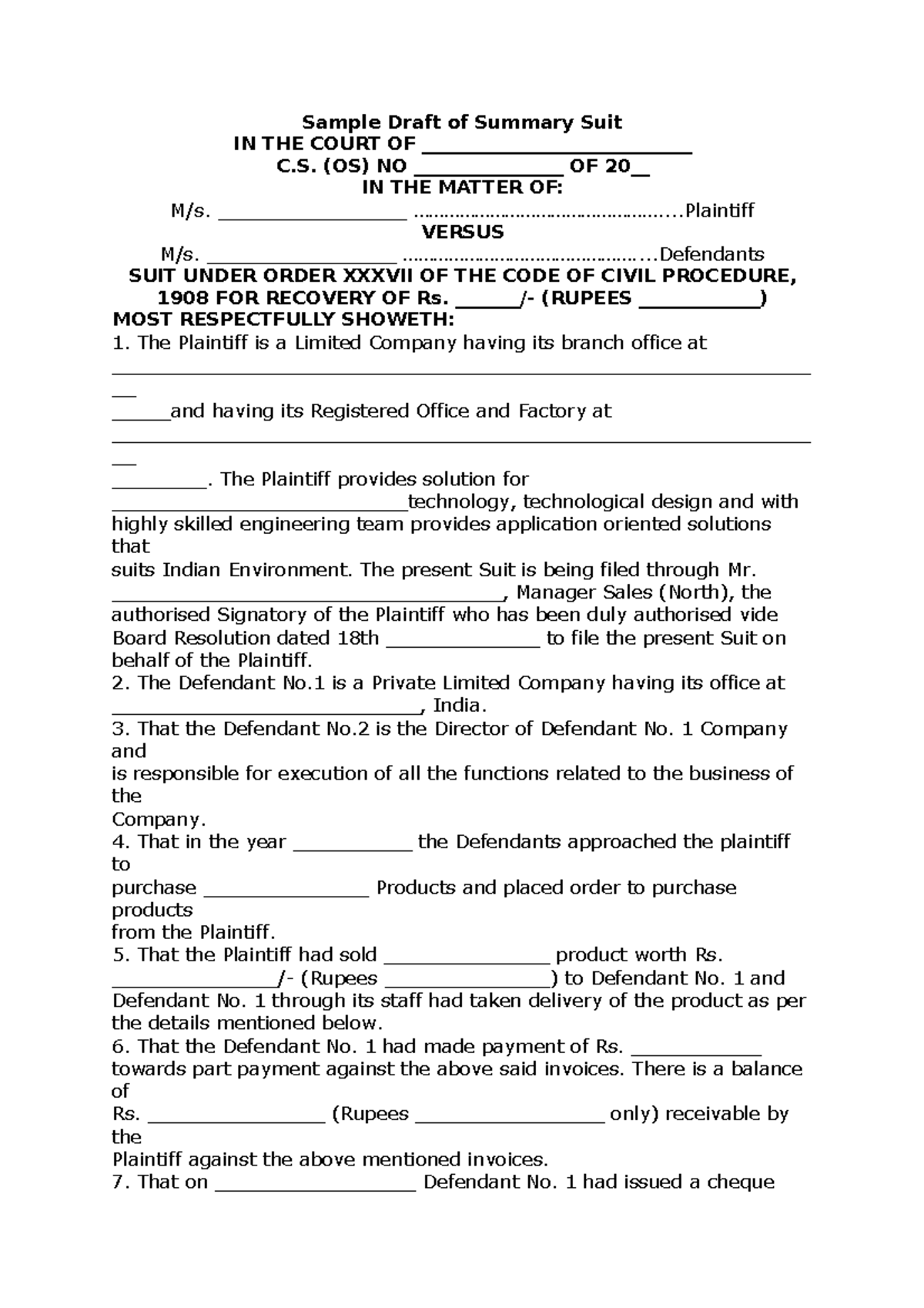 Sample Draft of Summary Suit - (OS) NO ________________ OF 20__ IN THE ...