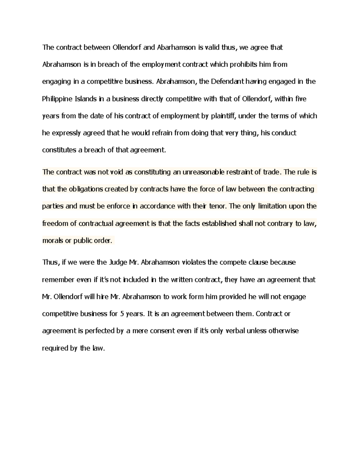 Case Study of Ollendorff vs. Abrahamson - The contract between ...