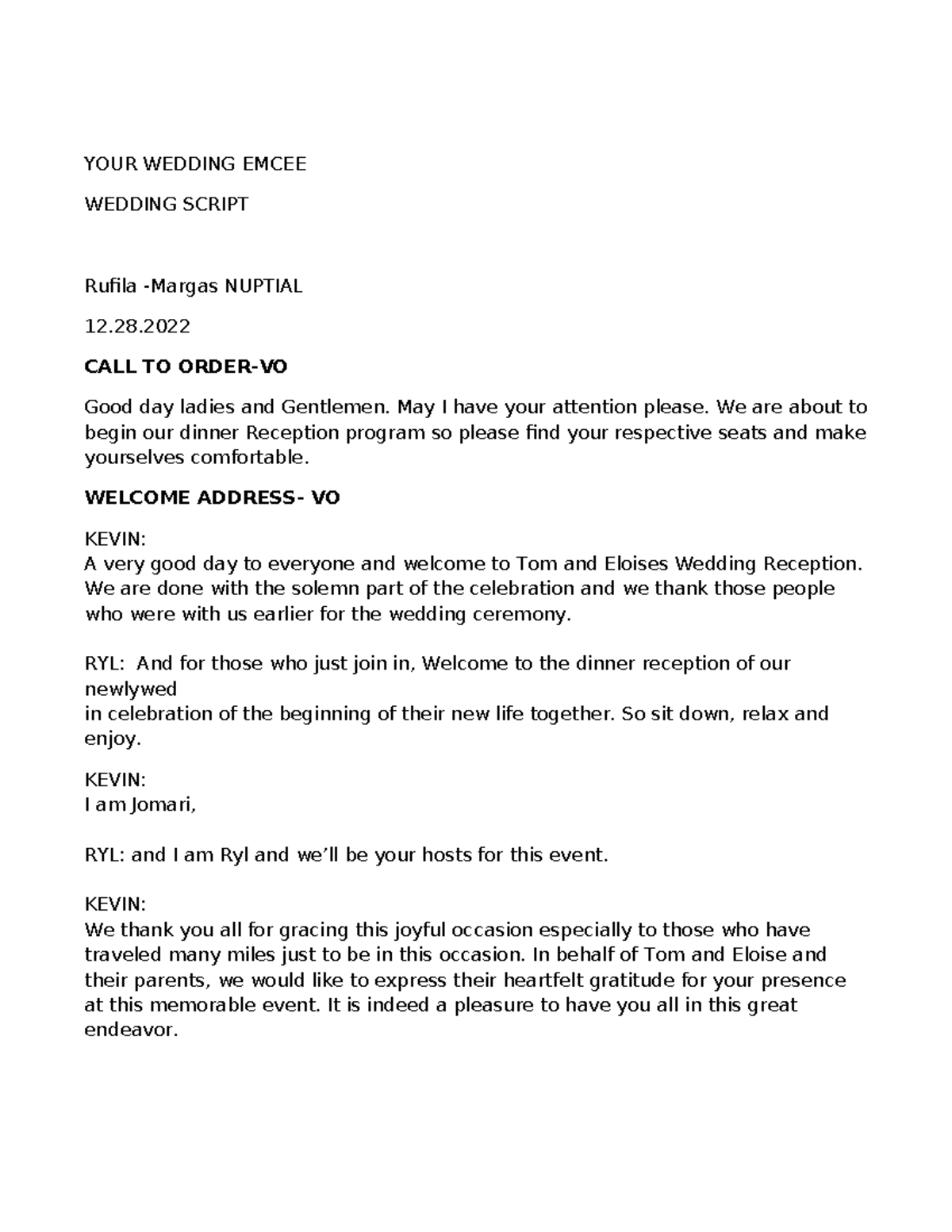 Tom and Eloise Wedding Script - YOUR WEDDING EMCEE WEDDING SCRIPT ...