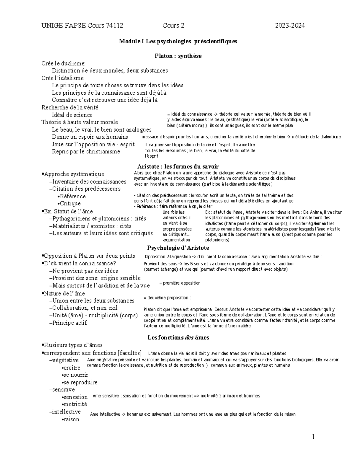 Cours 2 - Module I Les psychologies préscientifiques Platon : synthèse ...