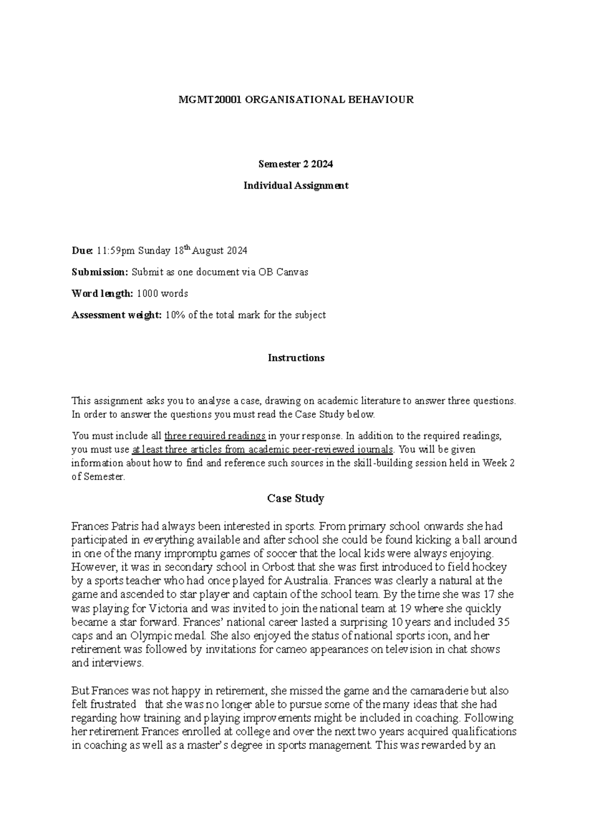 MGMT2000 1 Individual Assignment Semester 2 2024 Final - MGMT20001 ORGANISATIONAL BEHAVIOUR ...