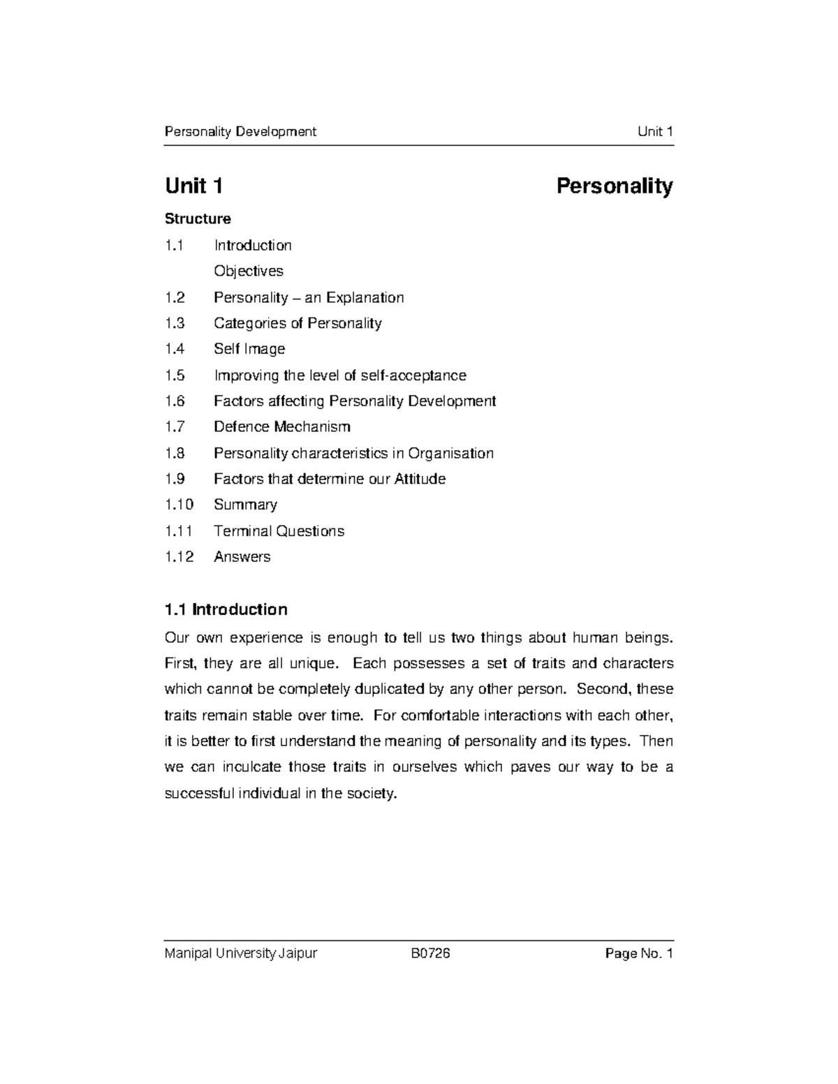 Unit 01 - Personality - Unit 1 Personality Structure 1 Introduction Objectives 1 Personality ...