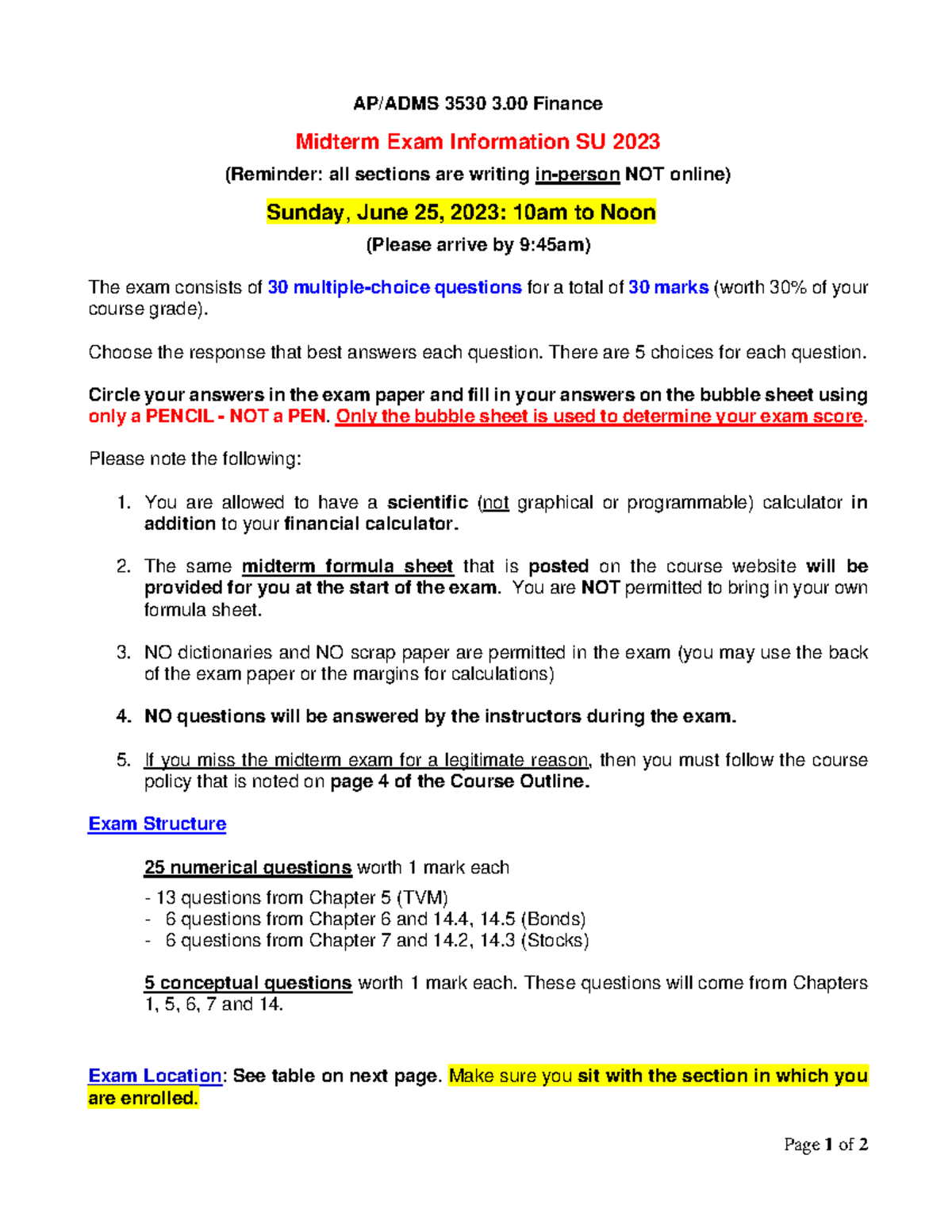 ADMS3530 Midterm Exam Information - Page 1 of 2 AP/ADMS 3530 3 Finance ...