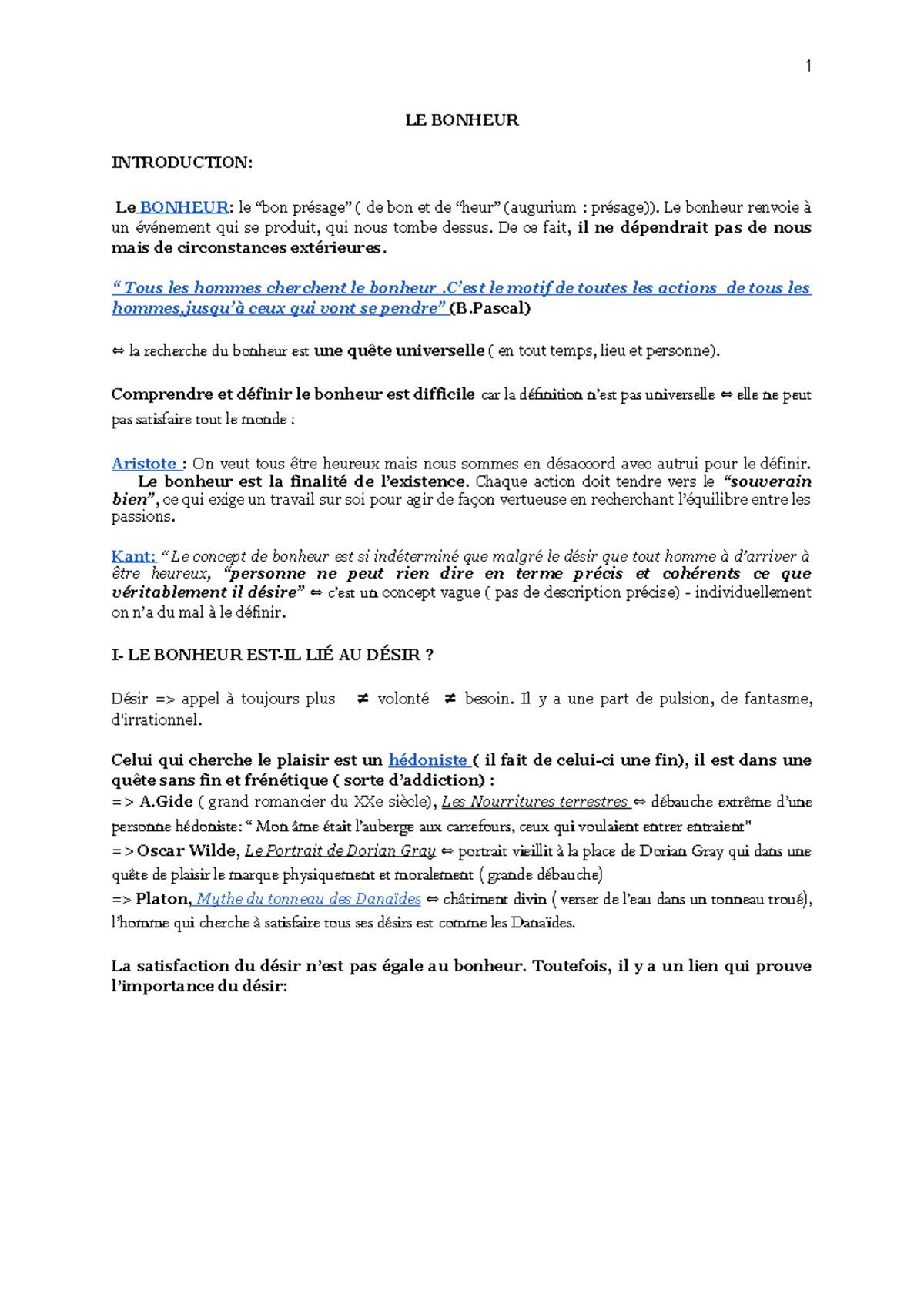 Philo - LE Bonheur - Bonne révision !! - LE BONHEUR INTRODUCTION: Le ...