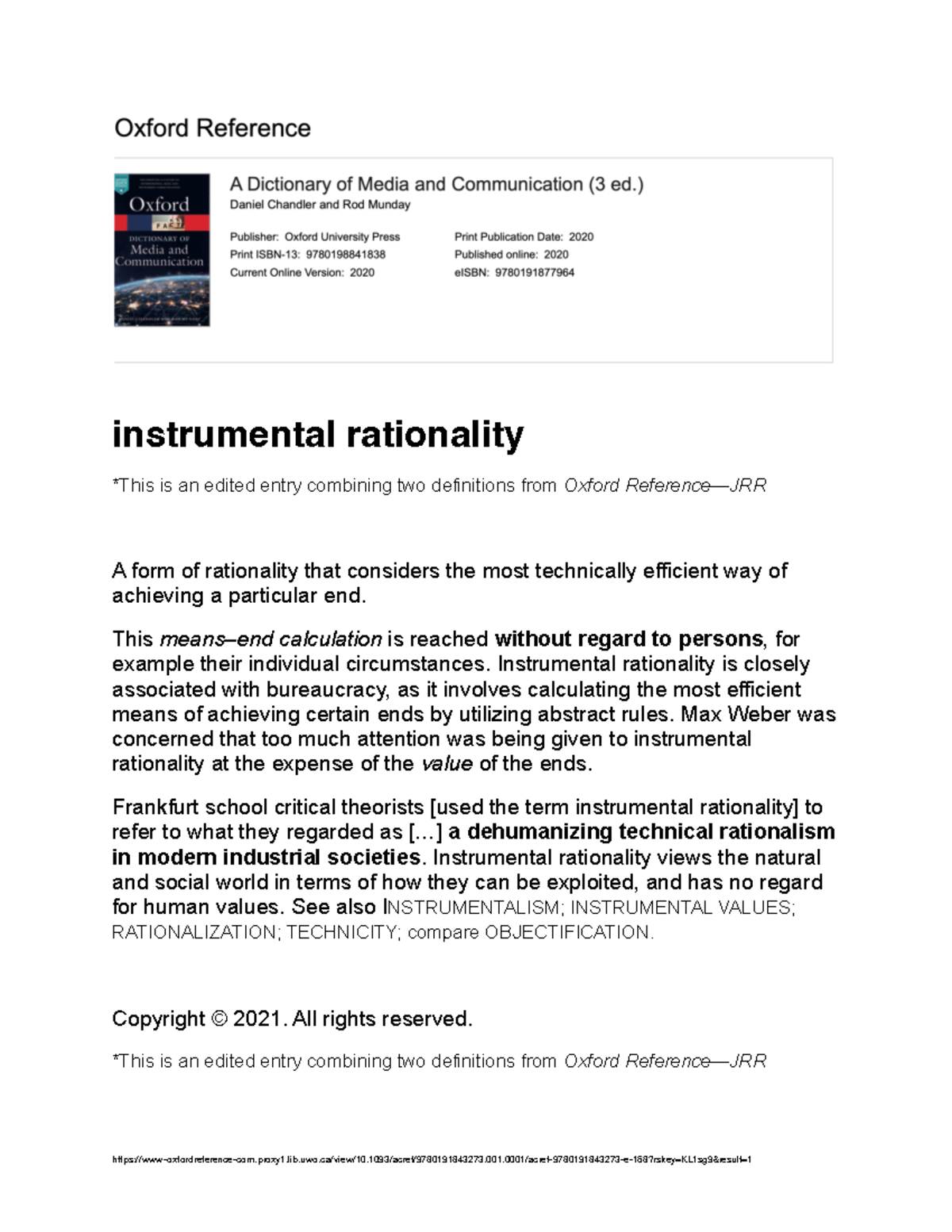 Reading 8 - instrumental rationality *This is an edited entry combining ...