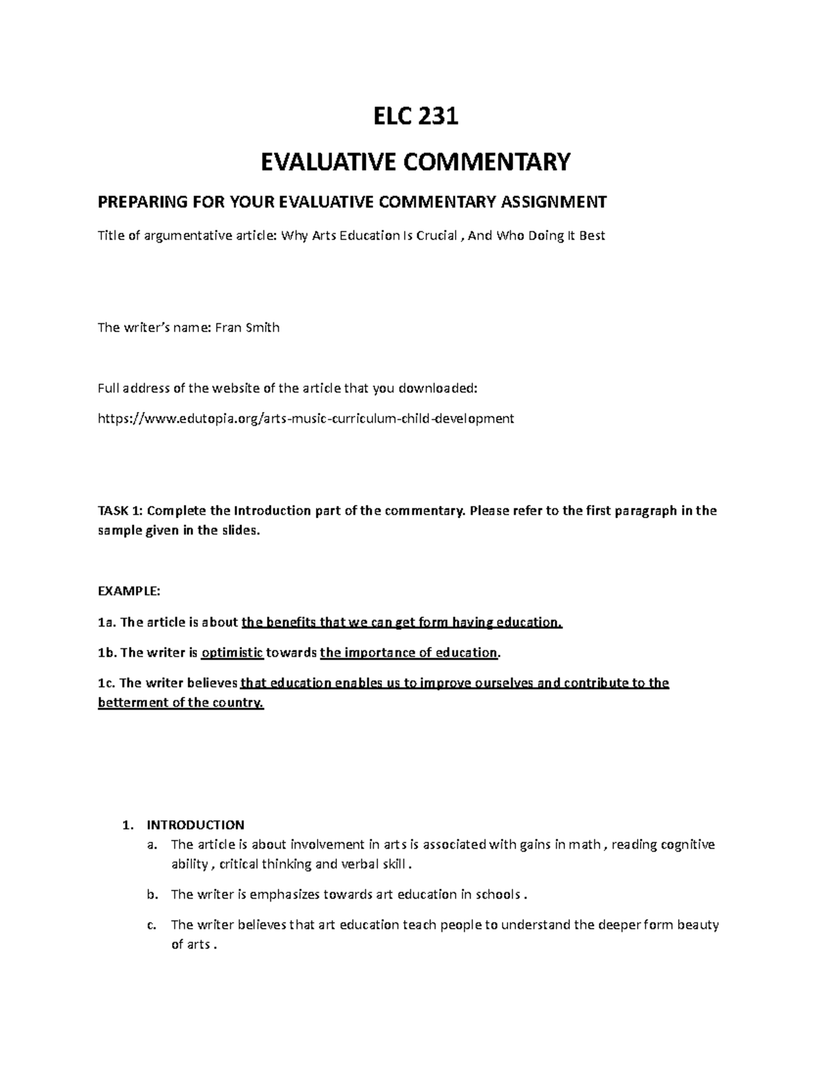 EC Preparation TASK 1 - ELC 231 EVALUATIVE COMMENTARY PREPARING FOR YOUR EVALUATIVE COMMENTARY ...