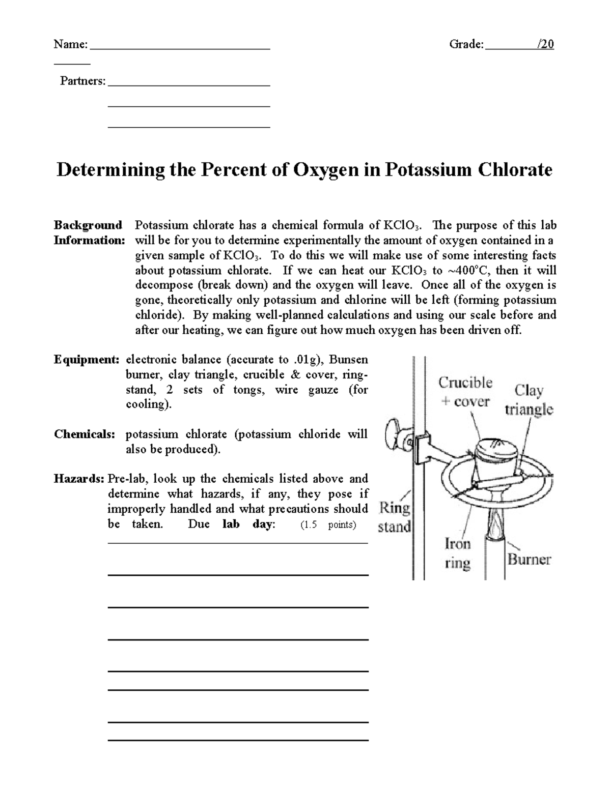 Percent Oxygen in KCl O3 - Name: Grade: / Partners: Determining the ...