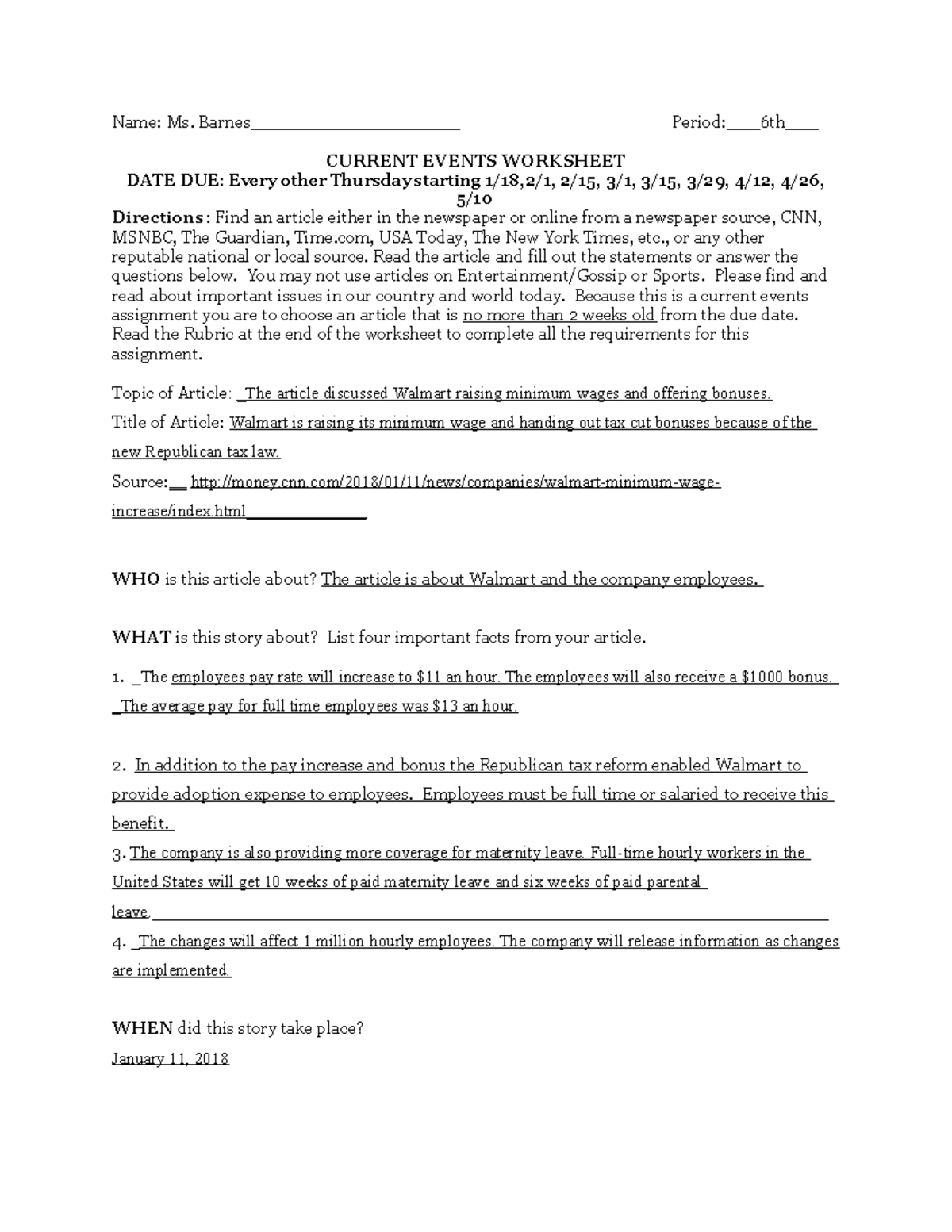 Current events worksheetexample - Name: Ms. Barnes ...