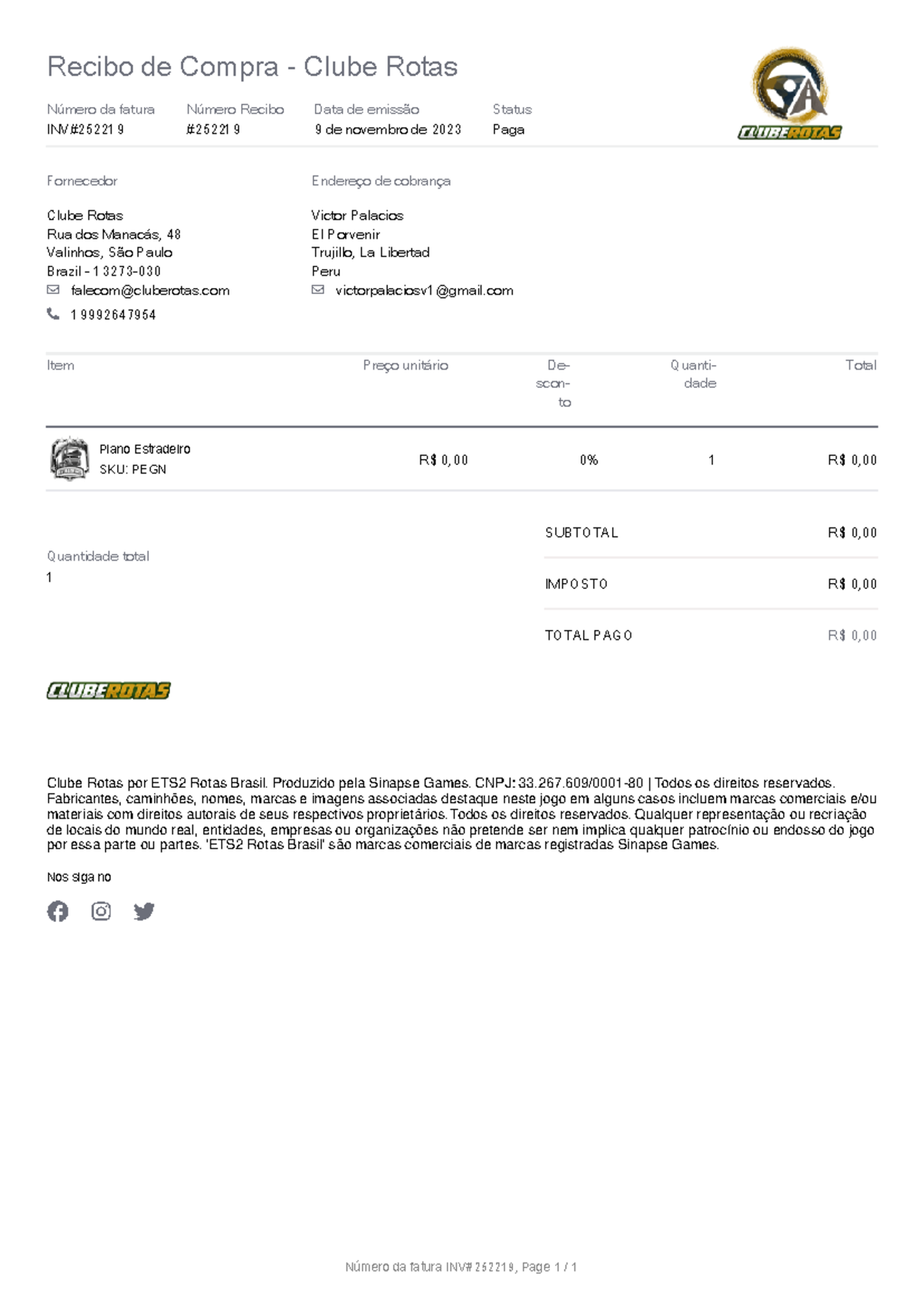 #252219 - Recibo de Compra - Clube Rotas Número da fatura INV# Número ...