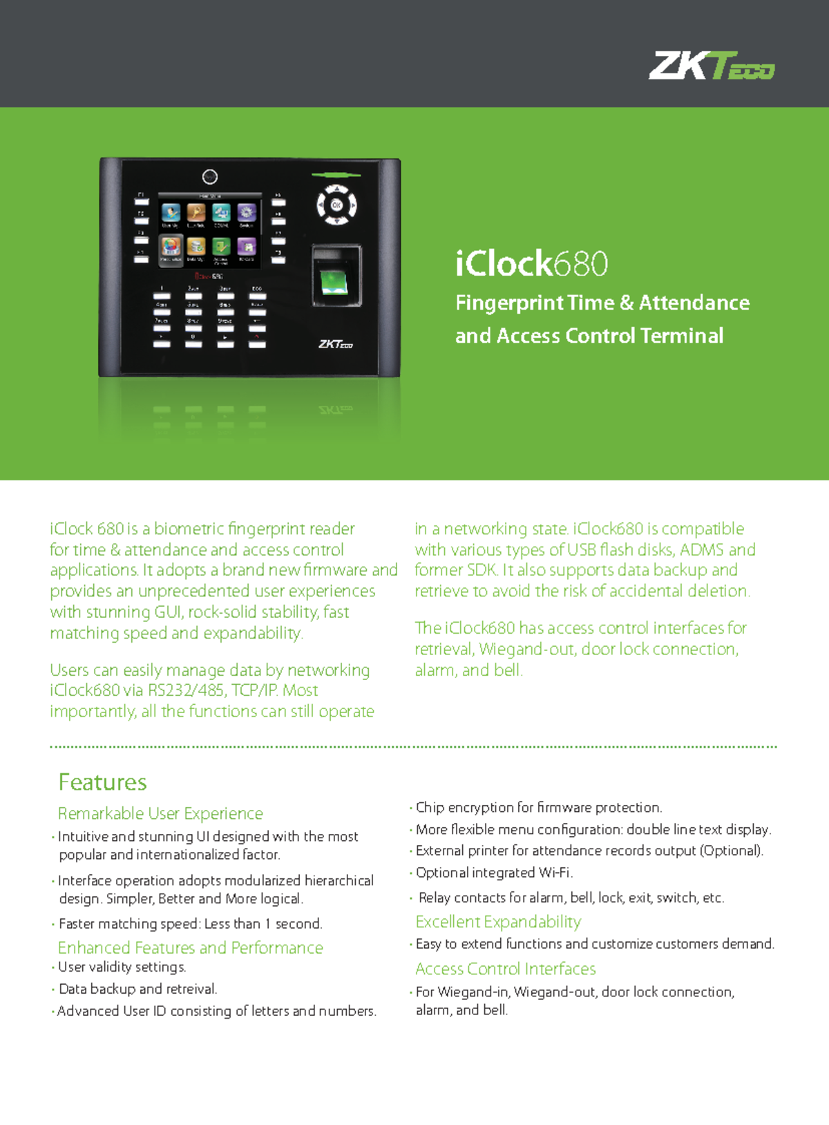 I Clock 680 Datasheet - iClock 680 Fingerprint Time & Attendance and Access Control Terminal ...