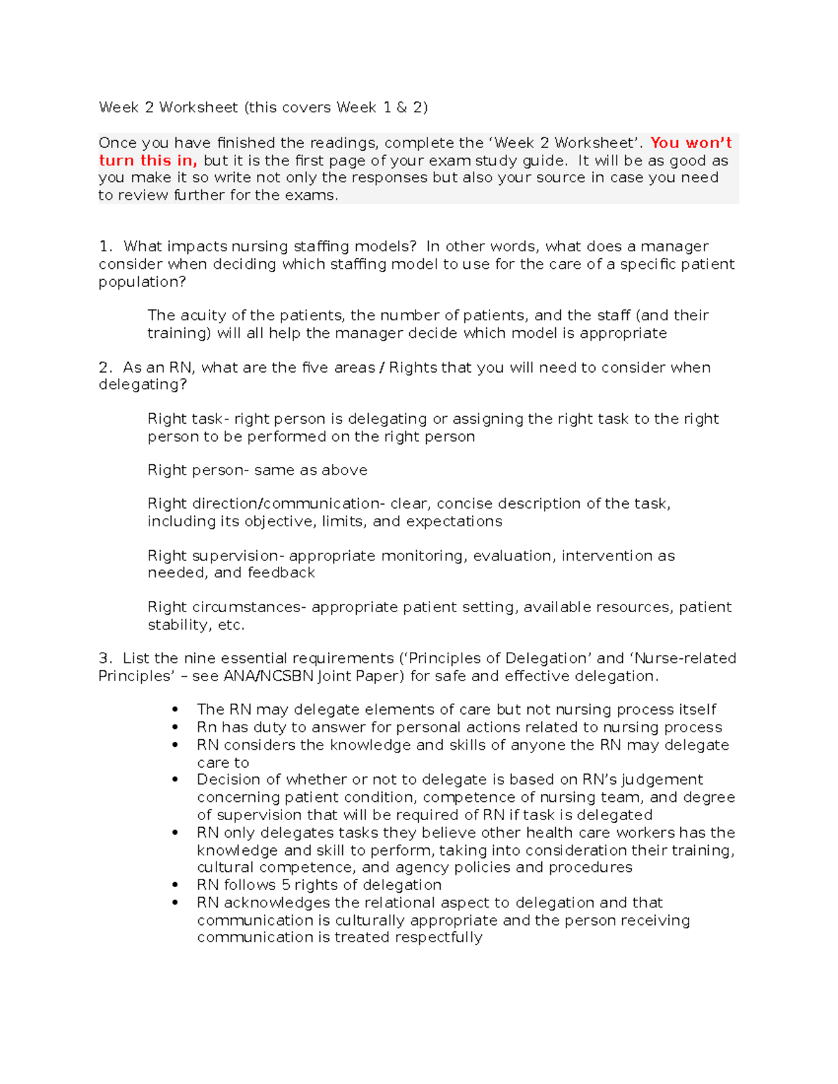 Week 2 Worksheet professional nursing - Week 2 Worksheet (this covers ...