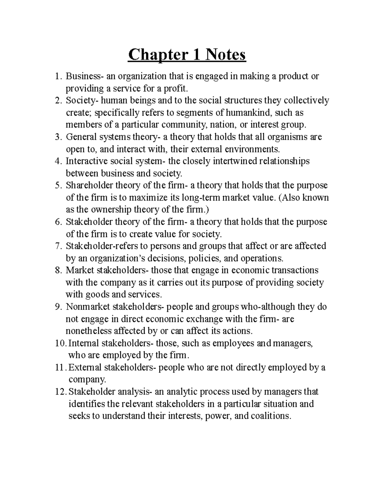 Chapter 1 (Week 1) -Definitions - Chapter 1 Notes 1. an organization ...