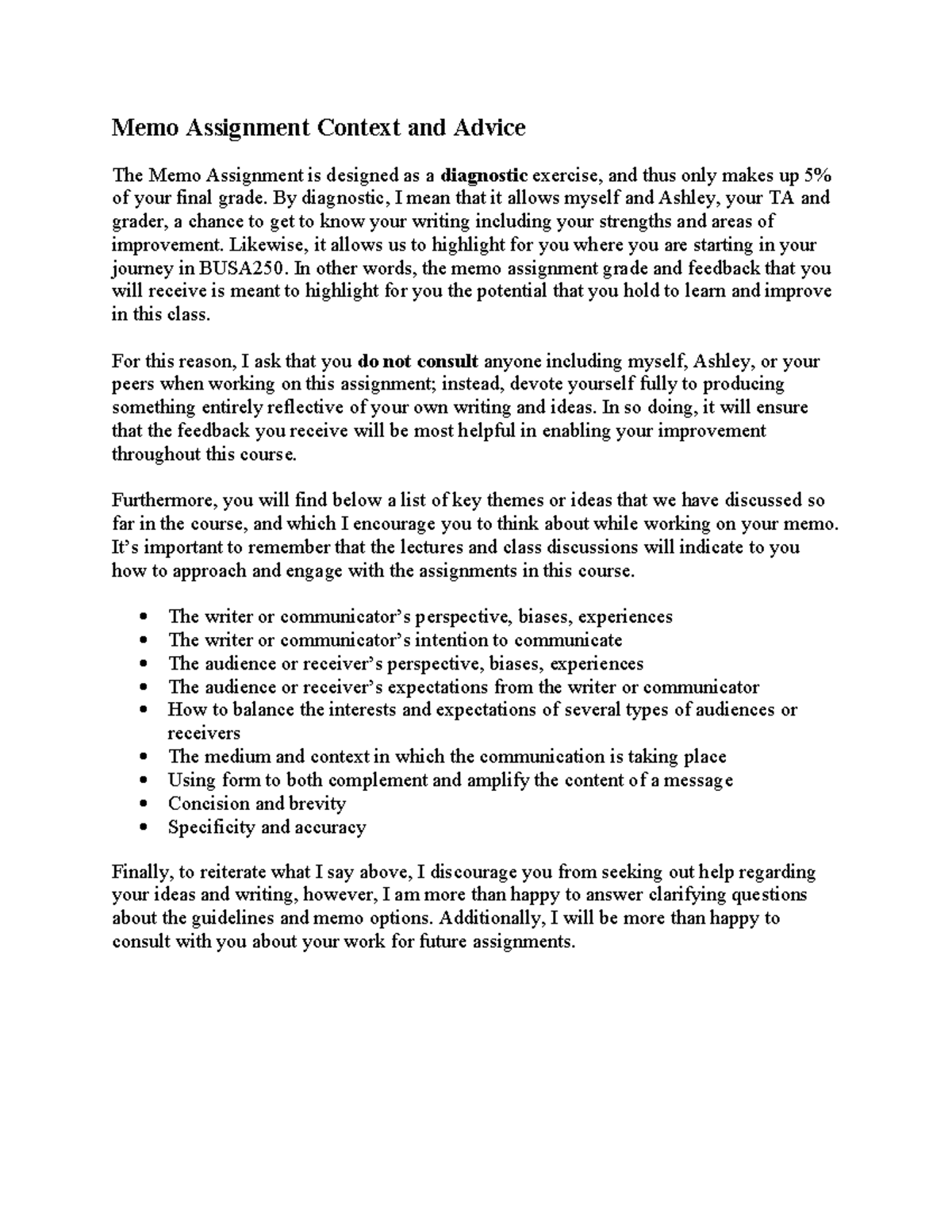 Memo Assignment Context and Advice - By diagnostic, I mean that it ...