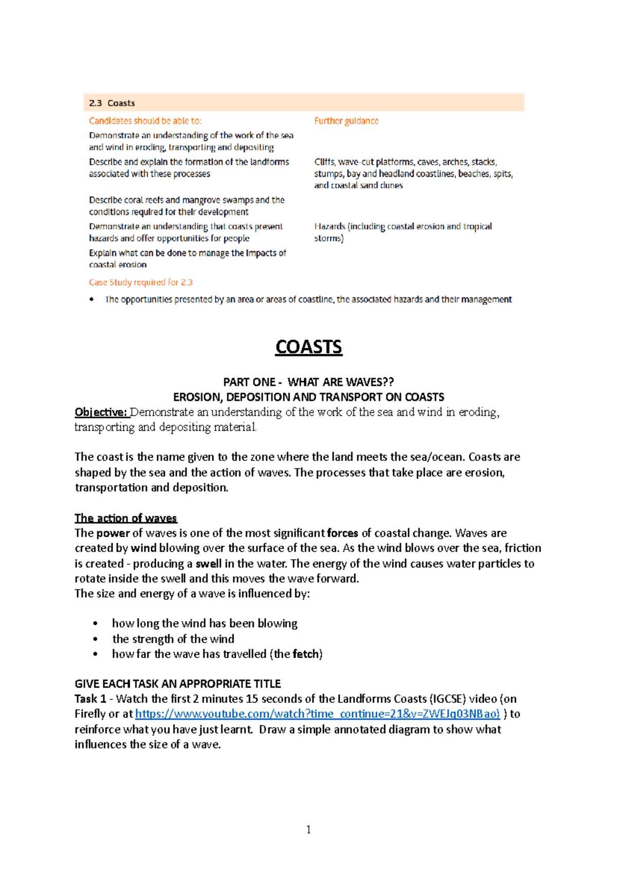 Coasts instructions - notes - COASTS PART ONE - WHAT ARE WAVES ...