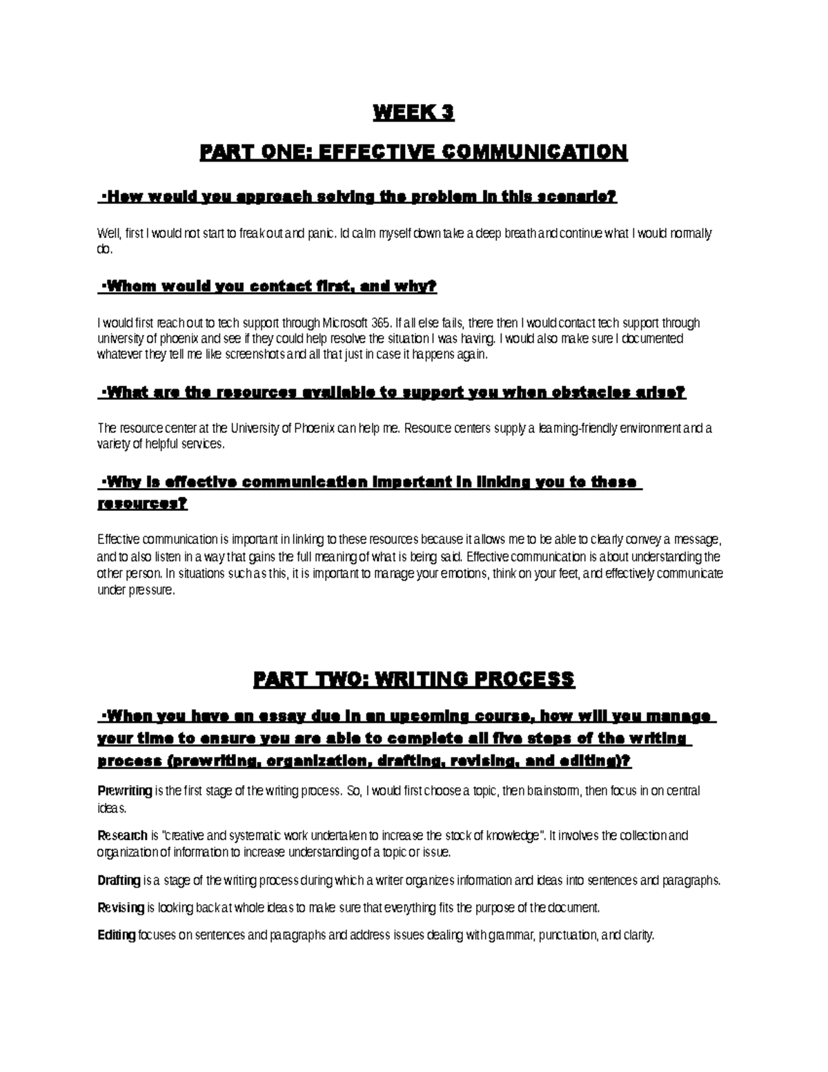 Week 3 - week 3 psy 110 - WEEK 3 PART ONE: EFFECTIVE COMMUNICATION · How would you approach ...