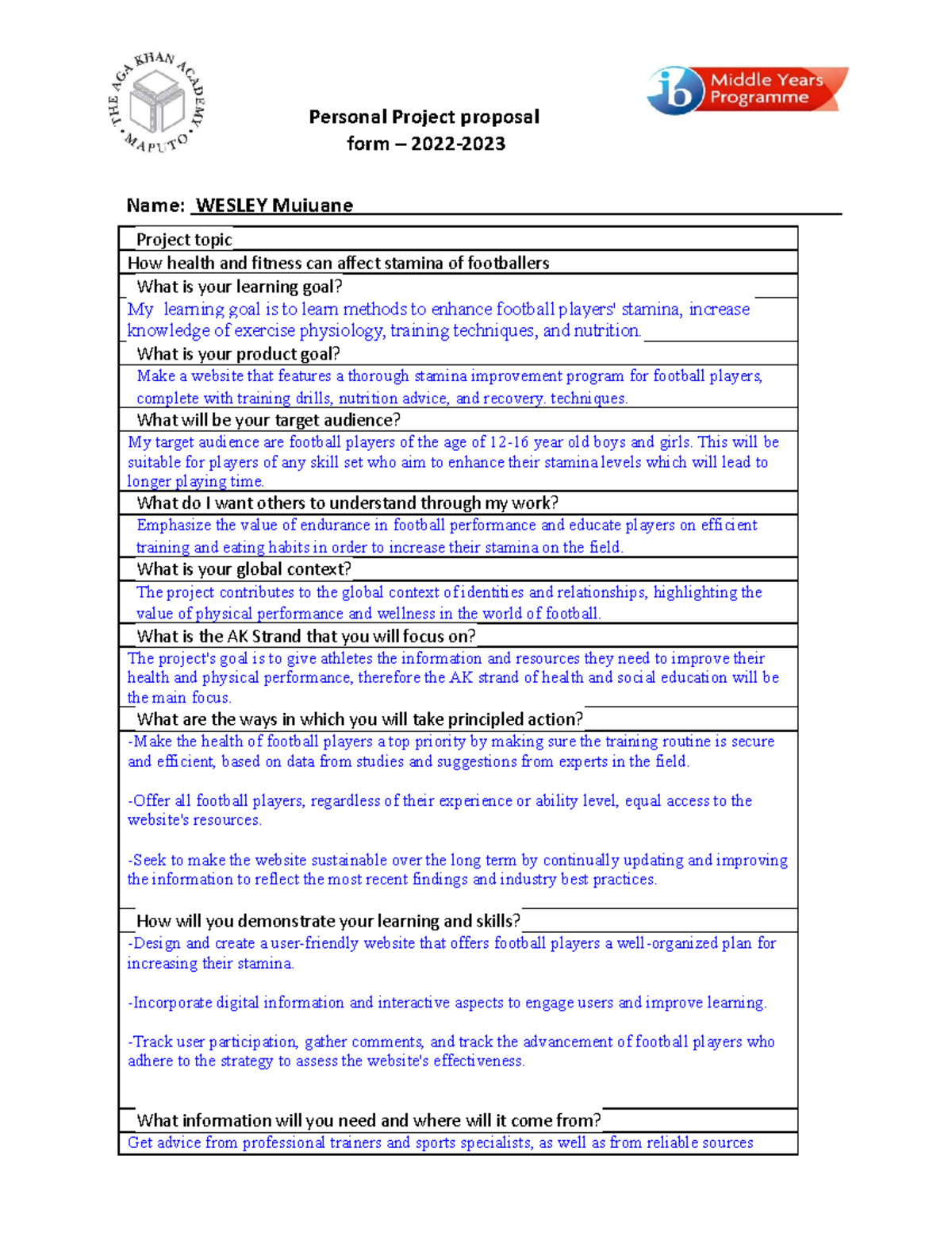 Personal Project proposal updated - Personal Project proposal form ...