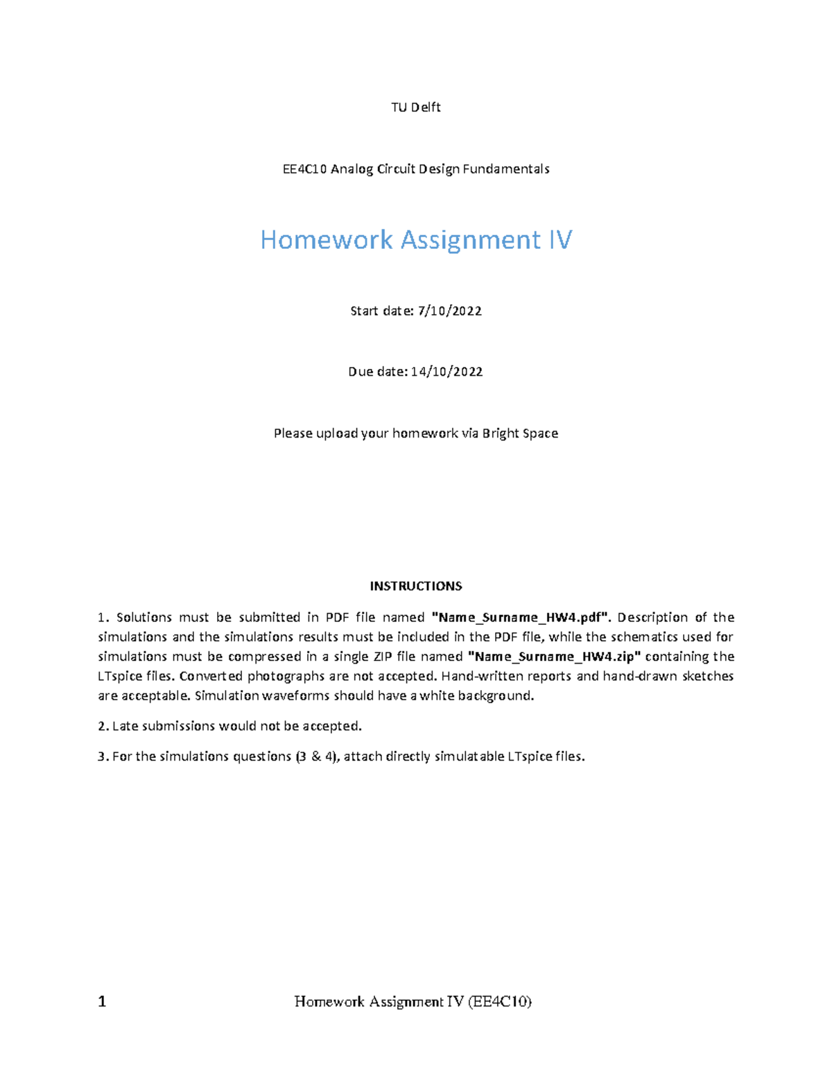 HW4-2022 - HW4 Frequency Response - TU Delft EE4C10 Analog Circuit Design Fundamentals Homework ...