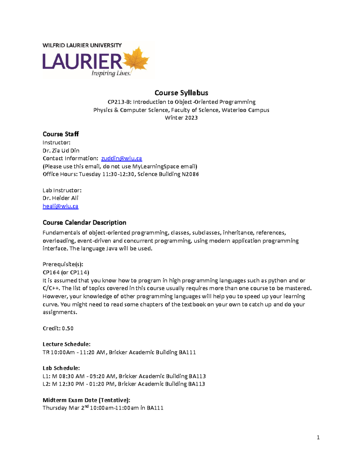 CP213-B Syllabus Winter 20231 - Course Syllabus CP213-B: Introduction to Object-Oriented ...