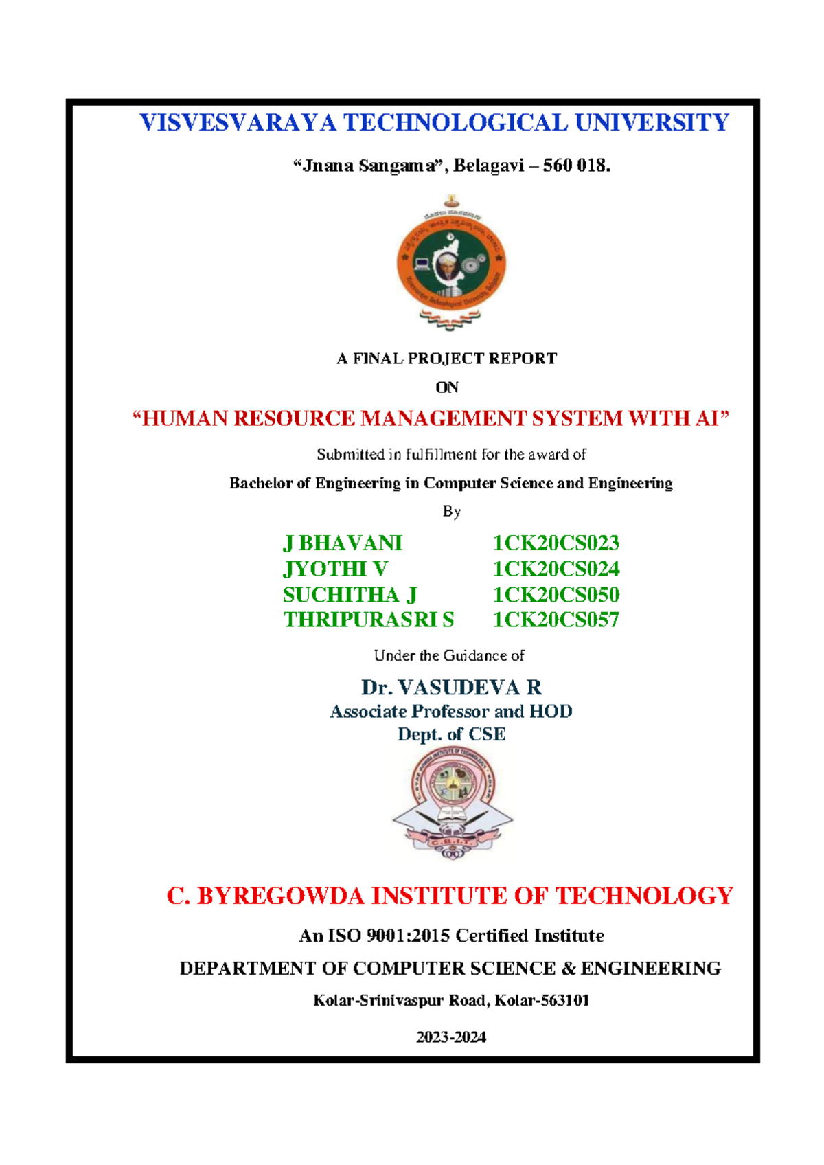 HUMAN RESOURCE MANAGEMENT SYSTEM REPORT - VISVESVARAYA TECHNOLOGICAL UNIVERSITY “Jnana Sangama ...