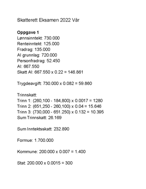 Skatterett Oversikt over gamle eksamener - Eksamen 2020 Eksamen 25. Oppgave 1 (20%) a) Kåre (41 ...