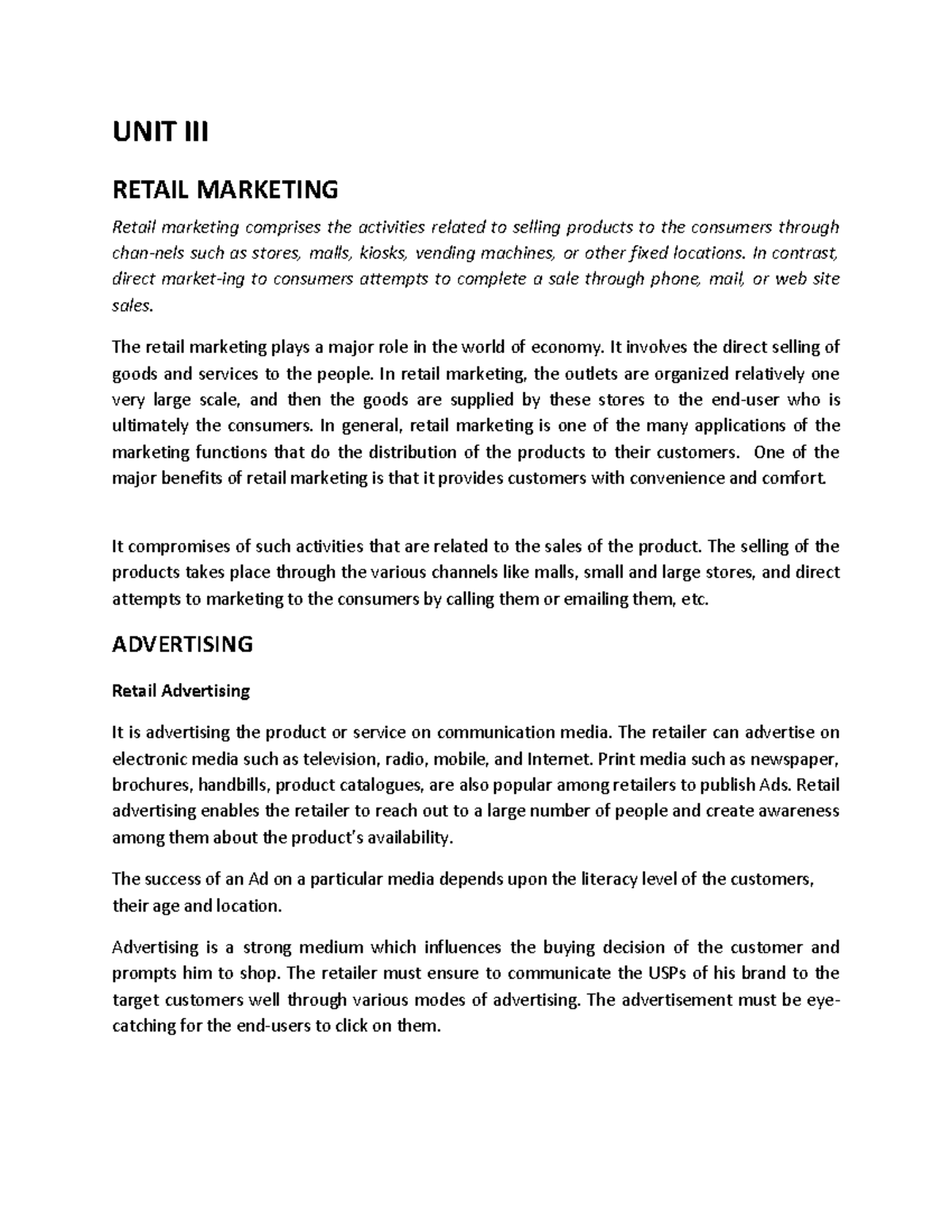 RM BBA istsem 3 - Retail Management part 1 - UNIT III RETAIL MARKETING ...