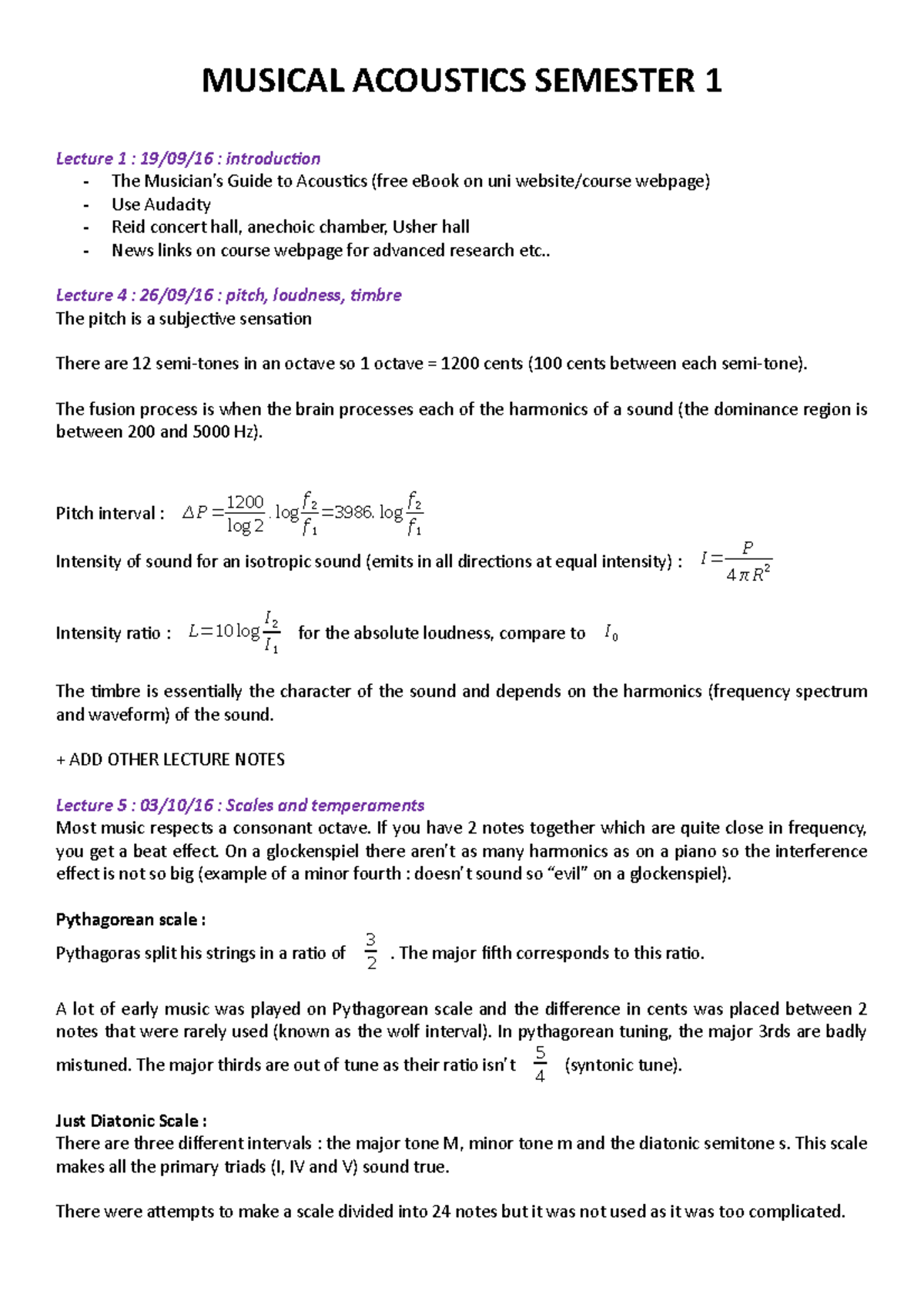 Musical Acoustics personal notes - MUSICAL ACOUSTICS SEMESTER 1 Lecture ...