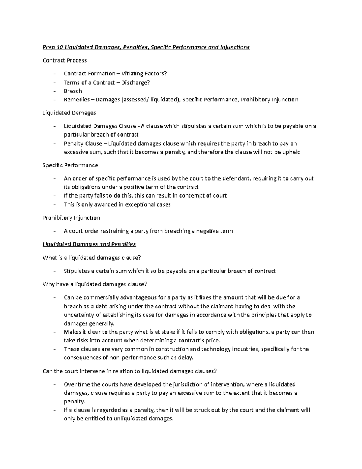 Prep 10 Liquidated Damages, Penalties, Specific Performance and Injunctions - Makes it clear to ...