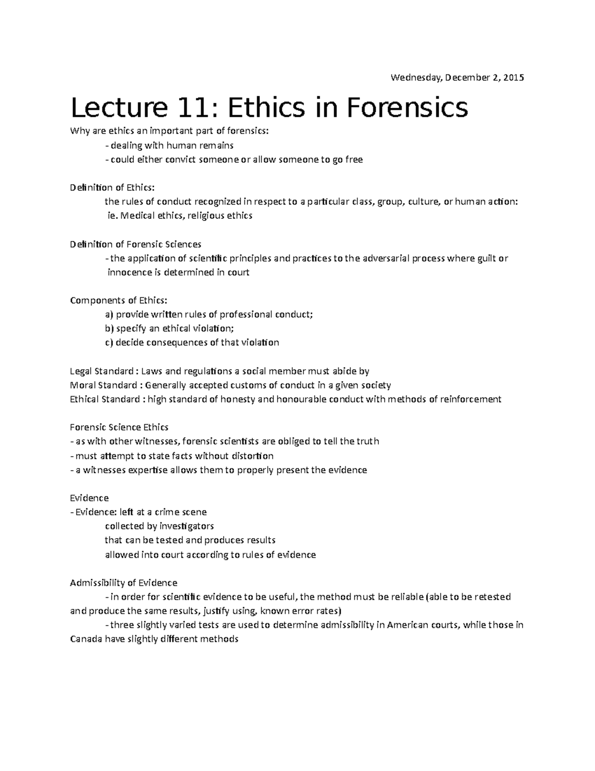 Lecture 11- Ethics in Forensics - Wednesday, December 2, 2015 Lecture ...