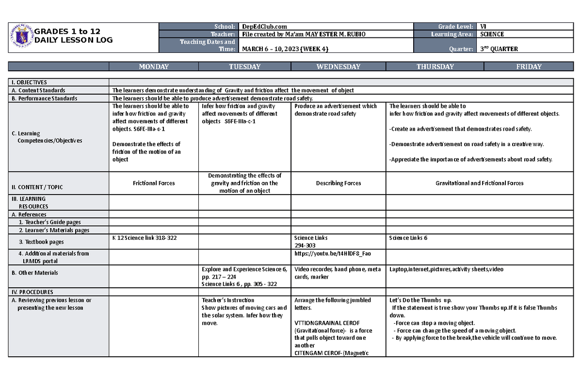 DLL Science-6 Q3 W4 - These daily lesson logs help teachers to have an ...