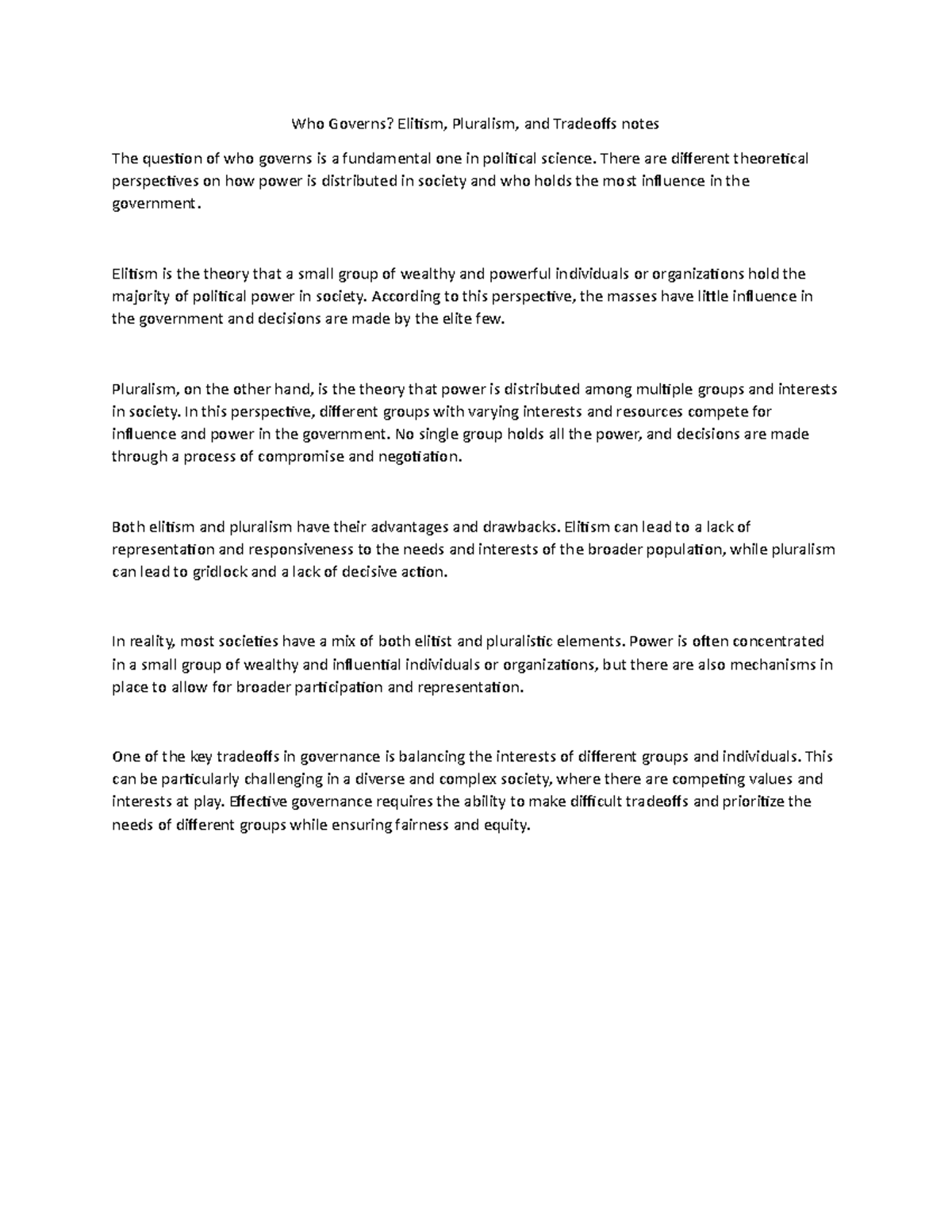Who Governs Elitism, Pluralism, and Tradeoffs notes - There are ...
