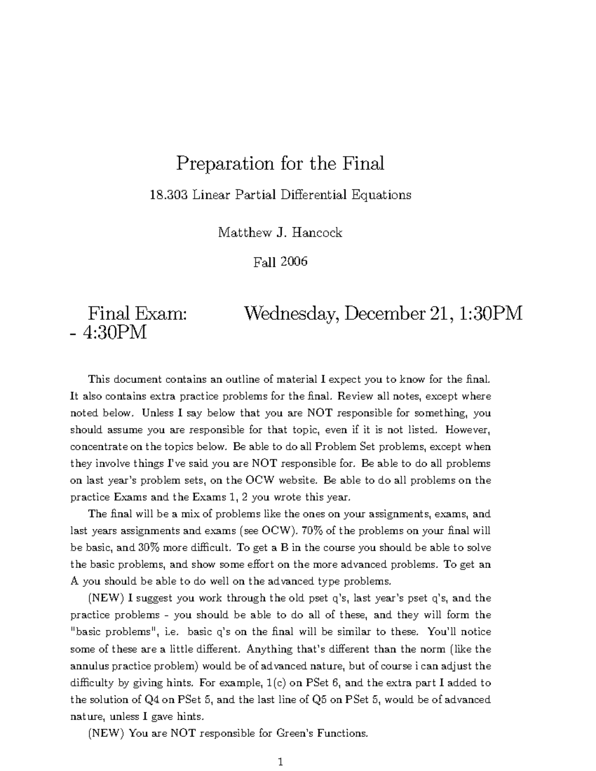 Finalprep - Solutions to practice final exam for 18.03, worth 20% of ...