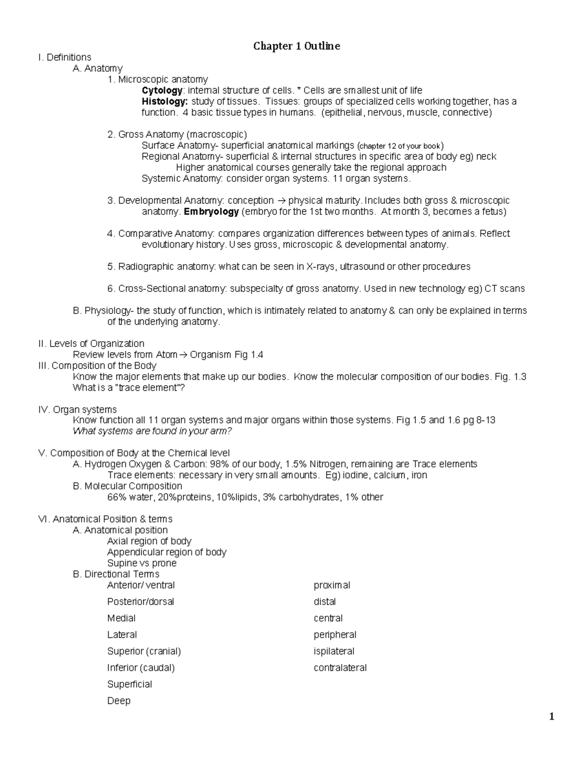 Anatomy Outlines Complete F20 - Chapter 1 Outline I. Definitions A ...